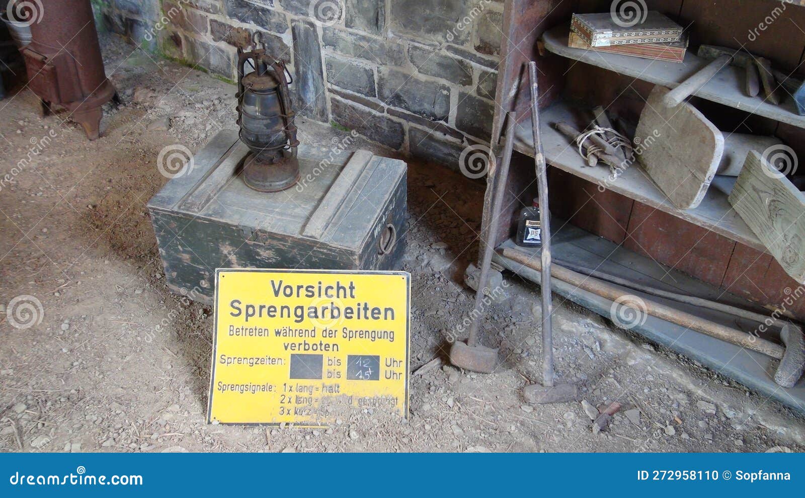 German Warning Sign "Caution Blasting Work" in a Historic Mining ...