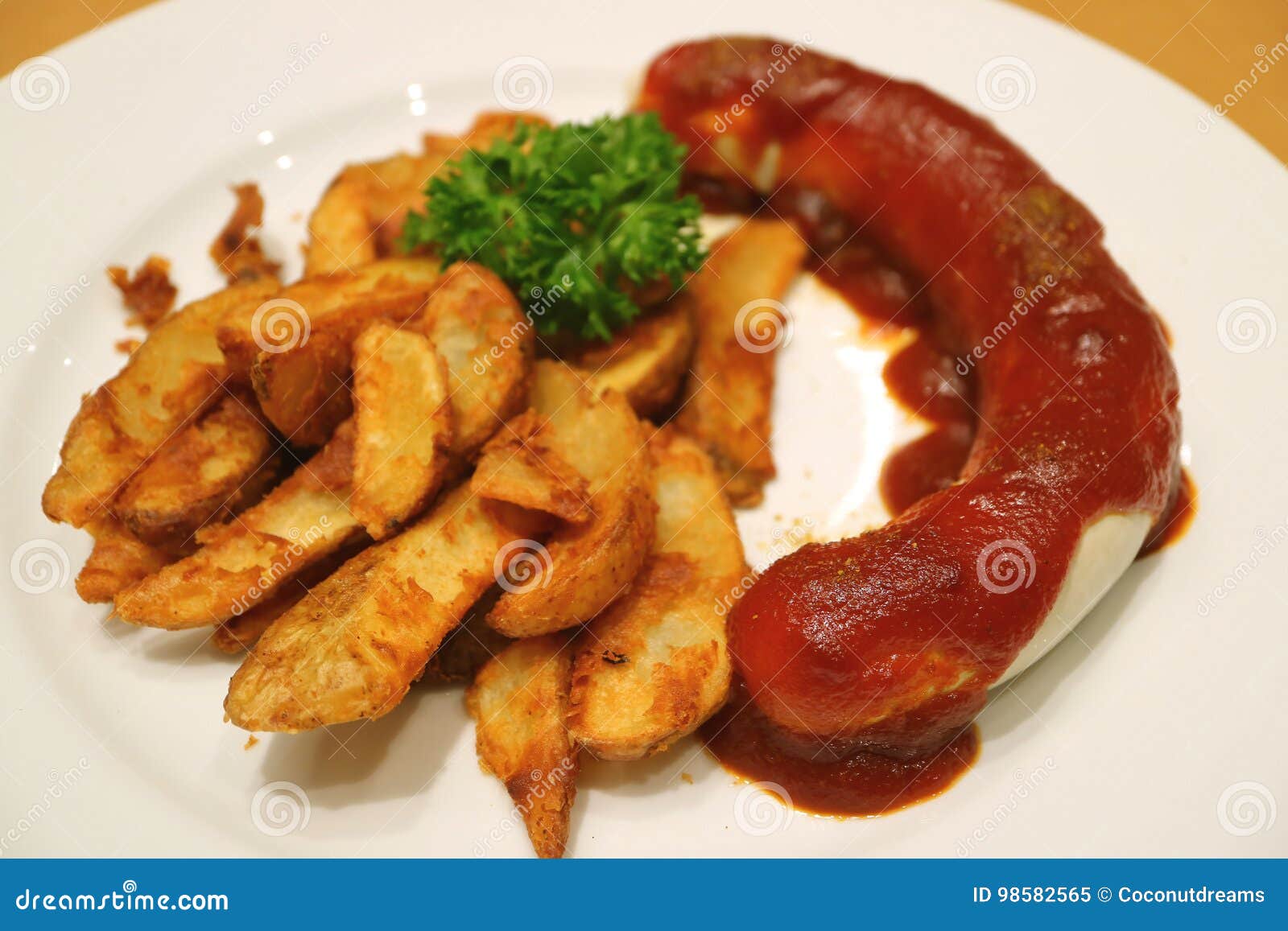 German Weisswurst Sausage with Curry Ketchup and Fried Potatoes Stock ...