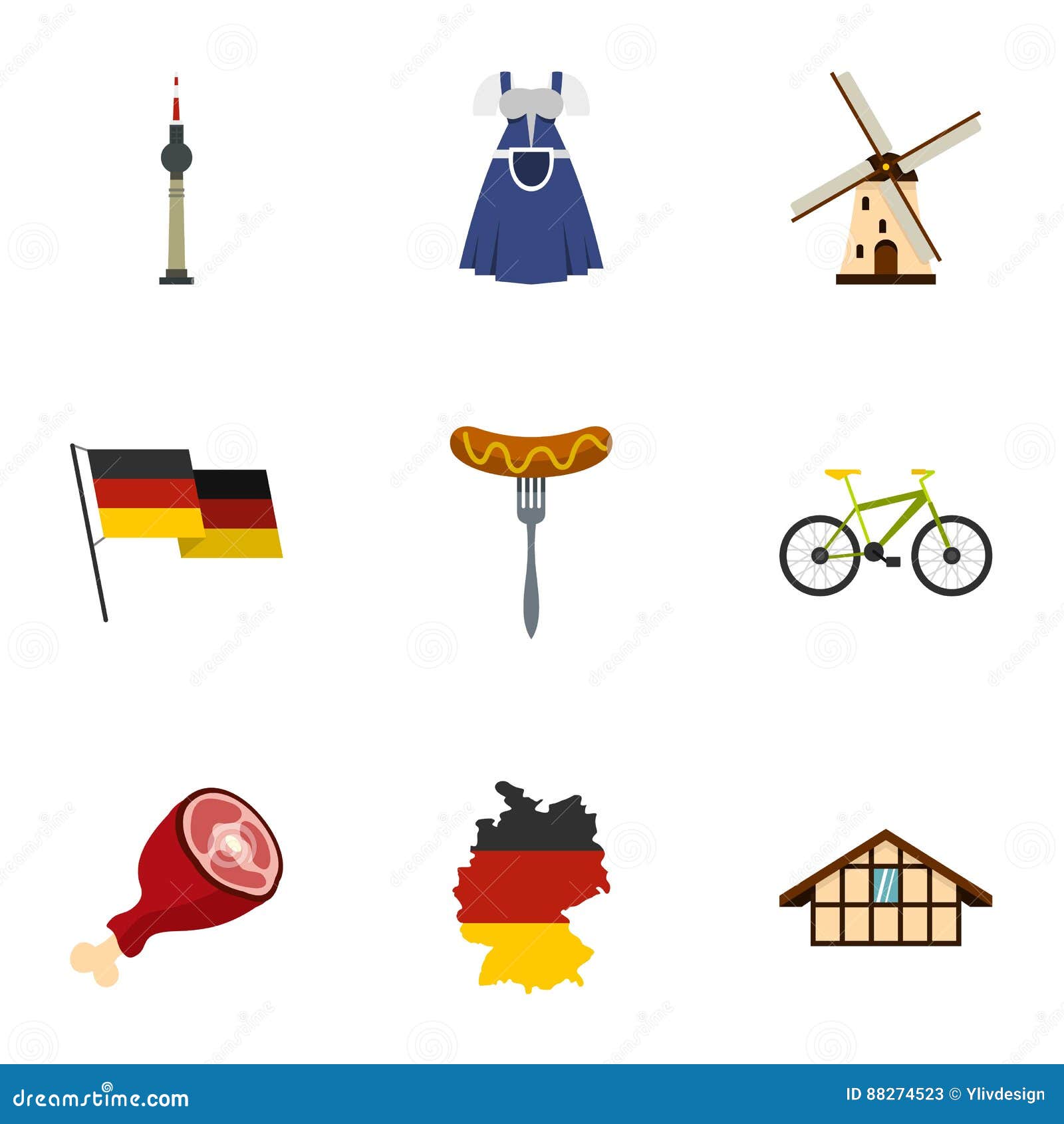 Germany Elements Icons Set, Flat Style Stock Vector - Illustration of ...