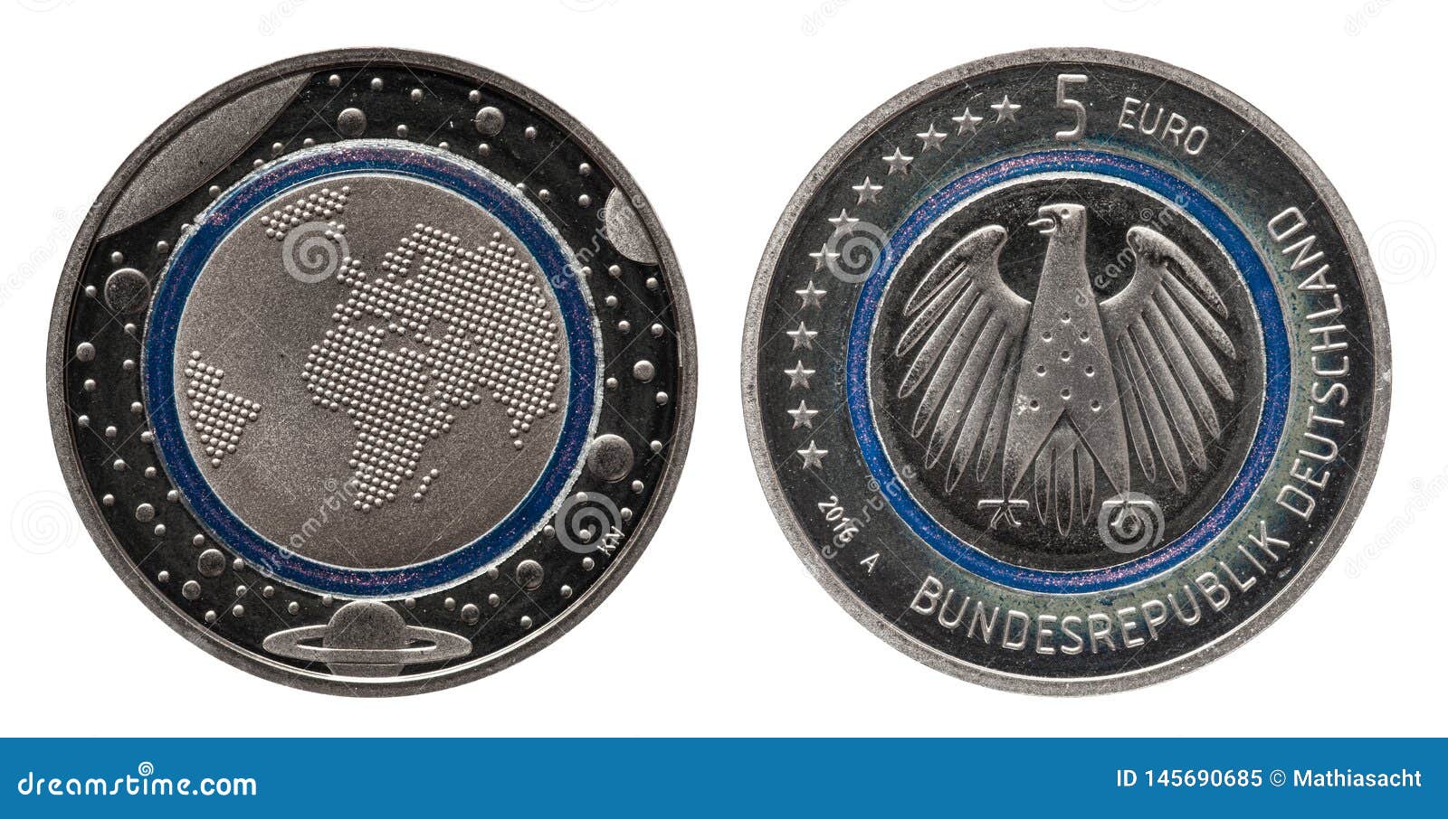 Germany Five Euro Coin with Planets and Blue Polymer Ring Stock Image ...