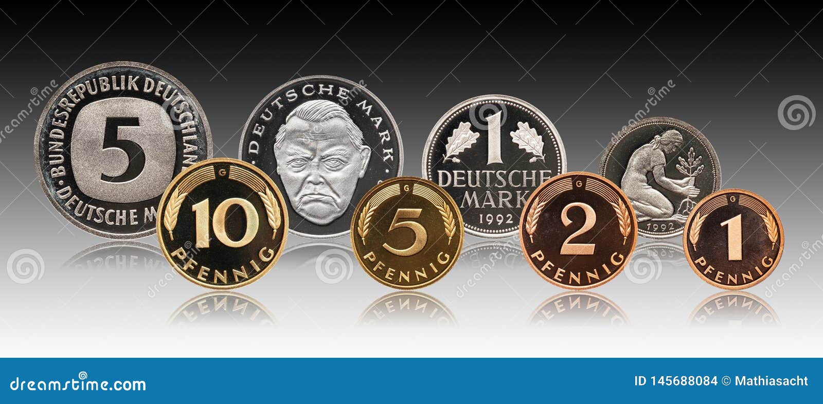 Germany German Pfennig Mark Coins Set, Gradient Background Stock Photo ...