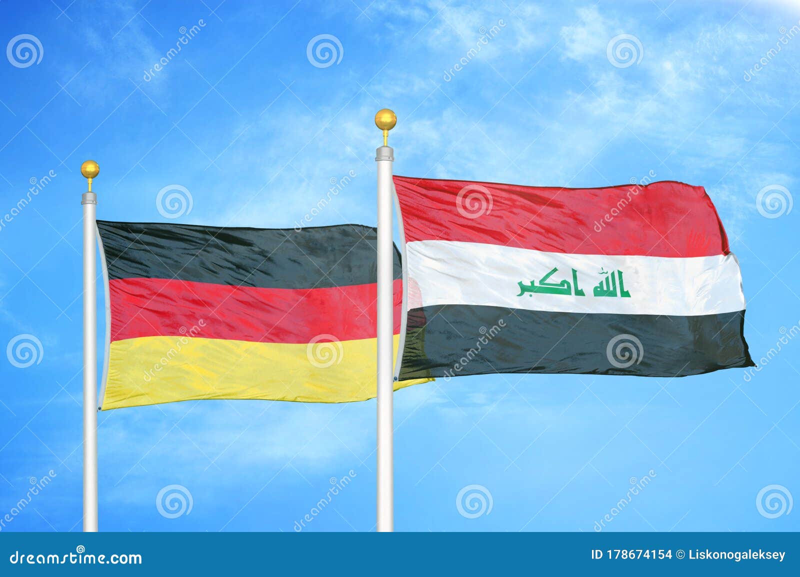 Germany and Iraq Two Flags on Flagpoles and Blue Cloudy Sky Stock Photo ...