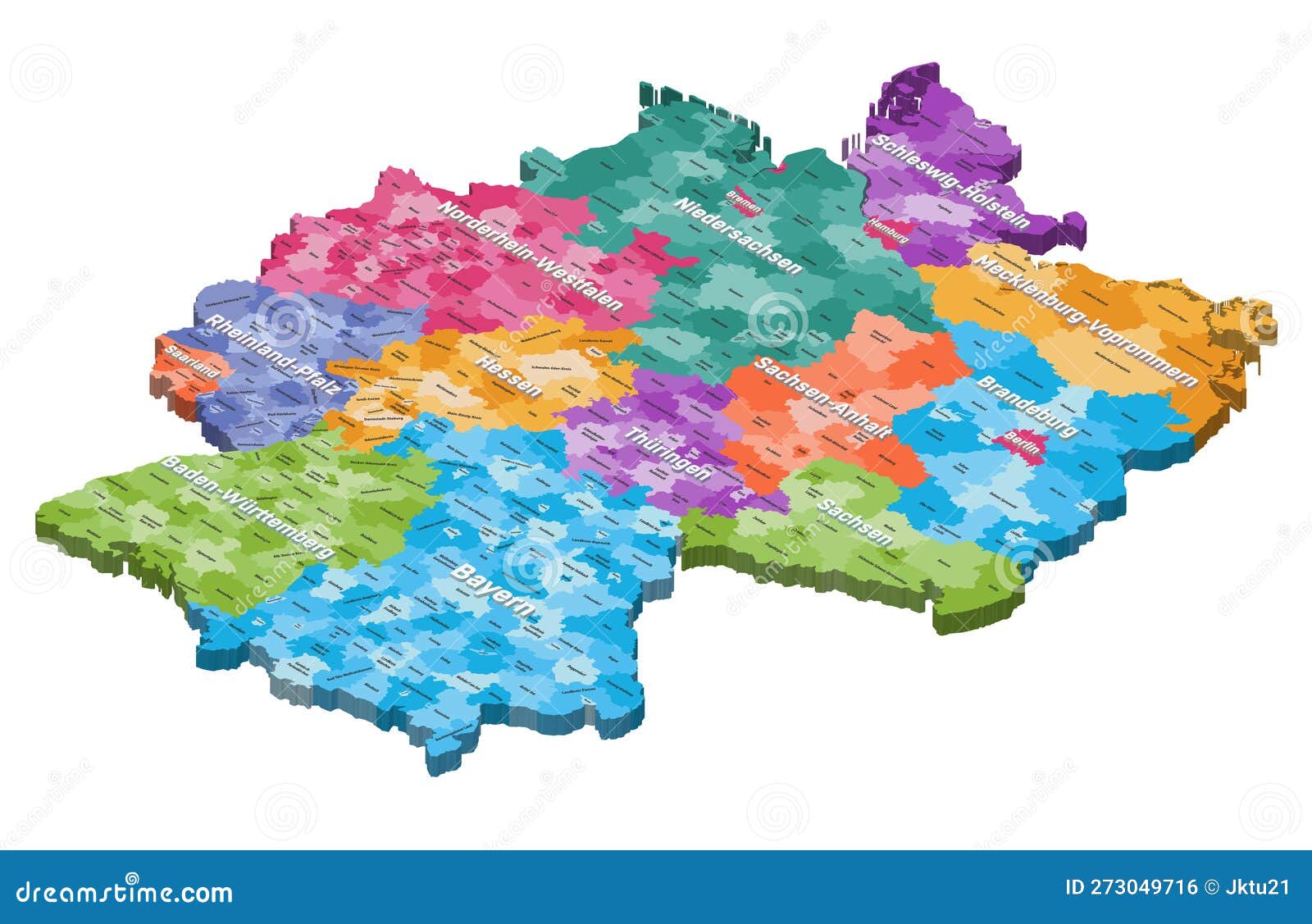 Germany Isometric Map Colored by States and Administrative Districts ...