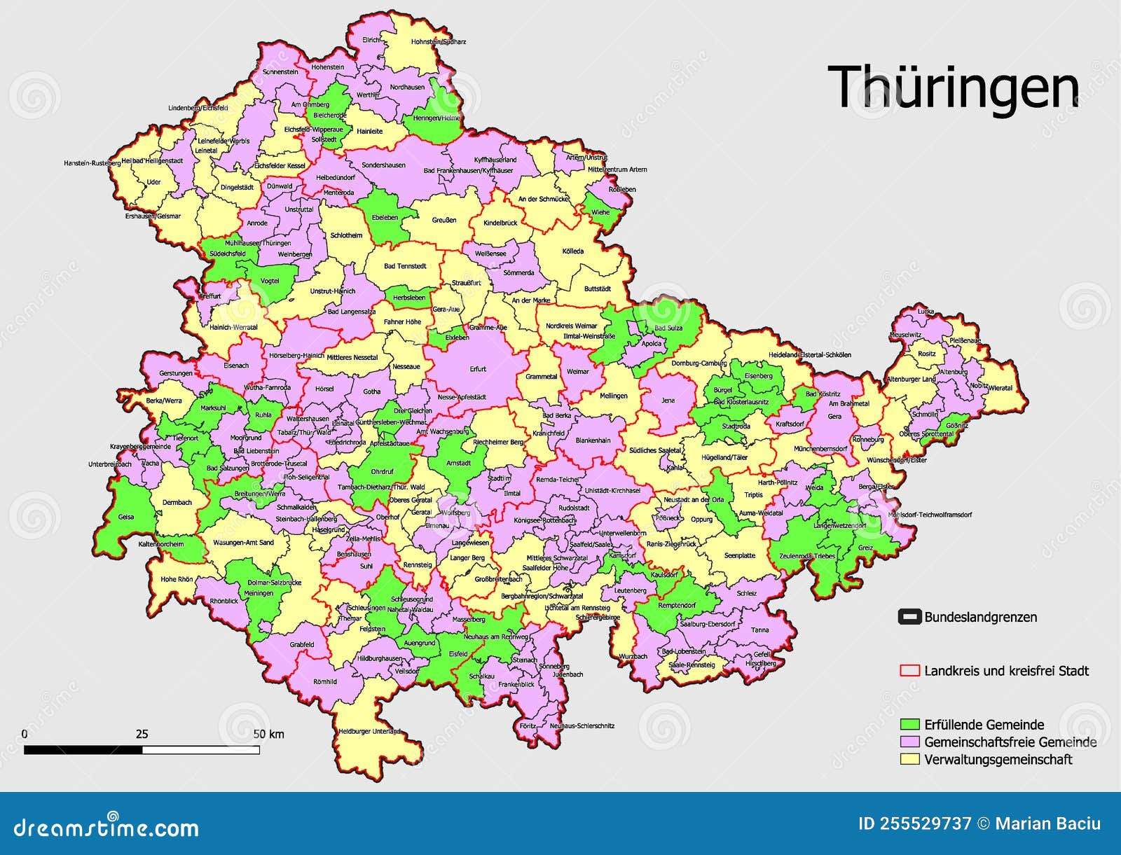 Thuringia Administrative And Political Vector Map With Flag ...