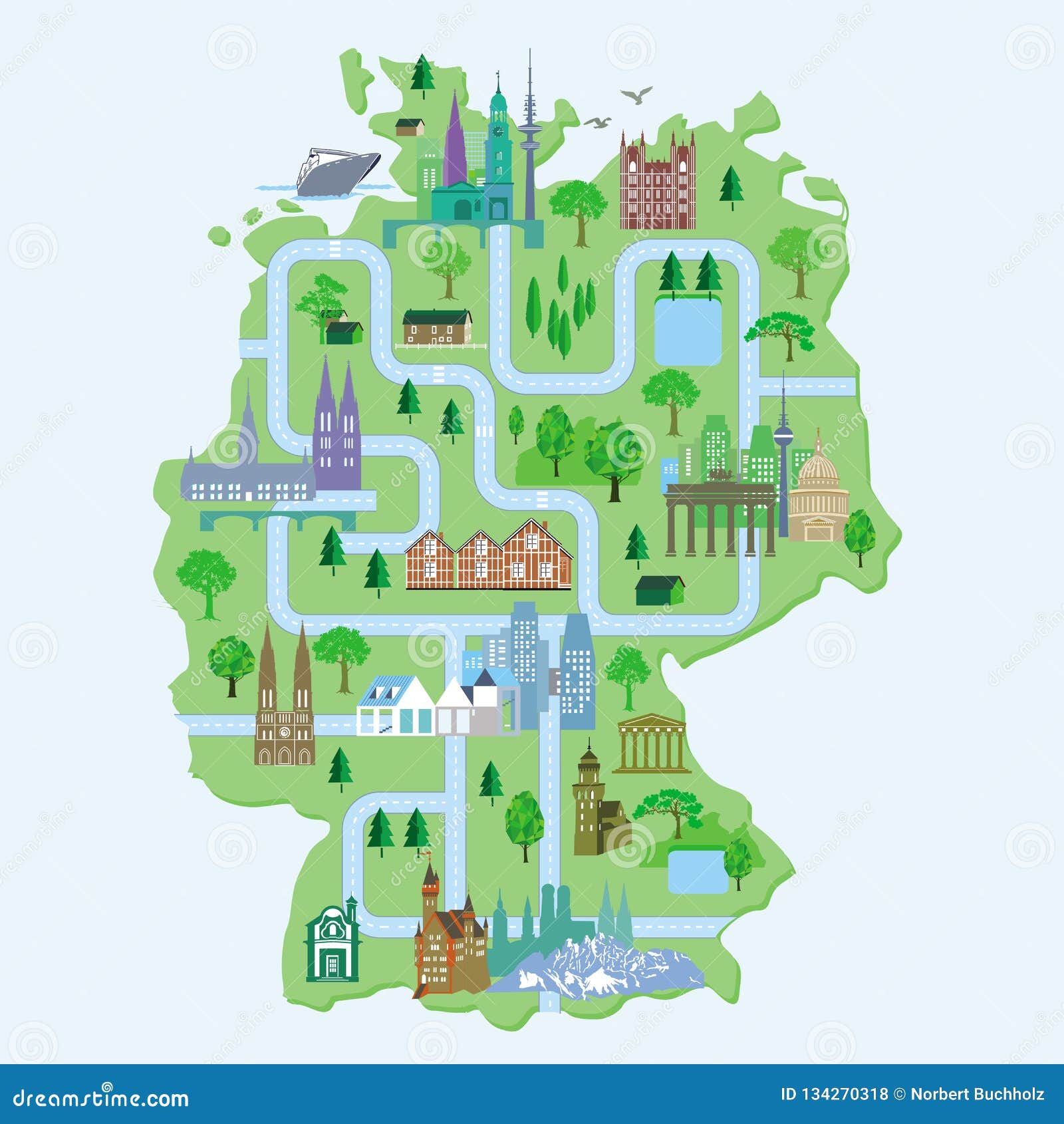 Germany map, with cities stock vector. Illustration of church - 134270318