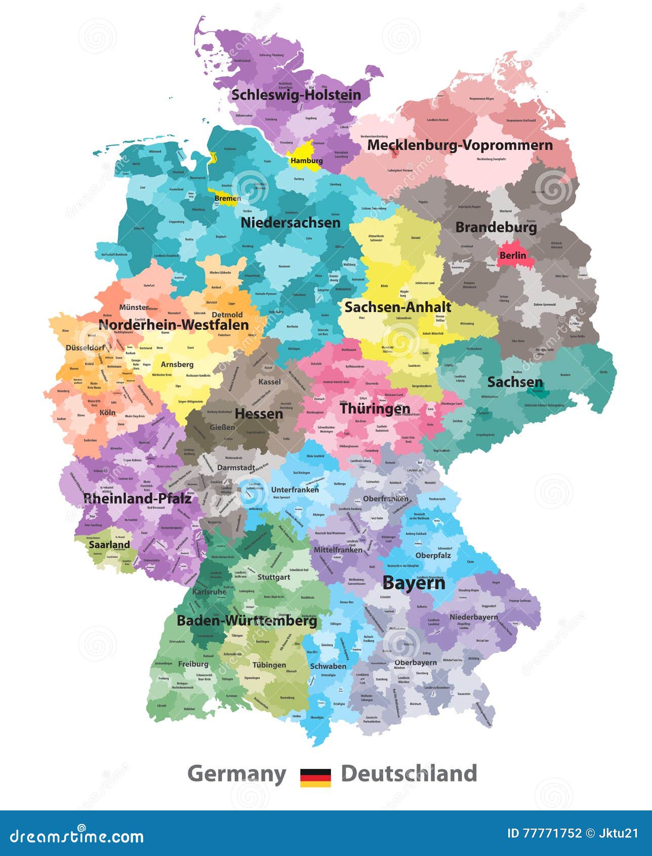 Germany Map Colored By States And Administrative Districts With ...