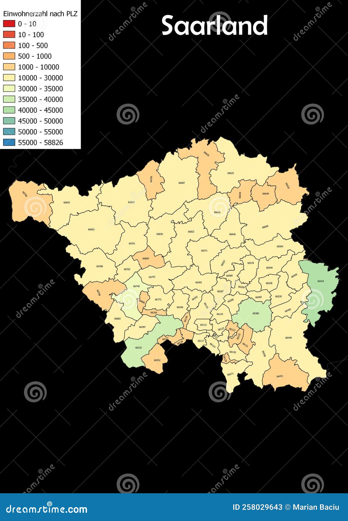 Germany Map Population by Zip Code Map of Federal State Saarland Stock ...