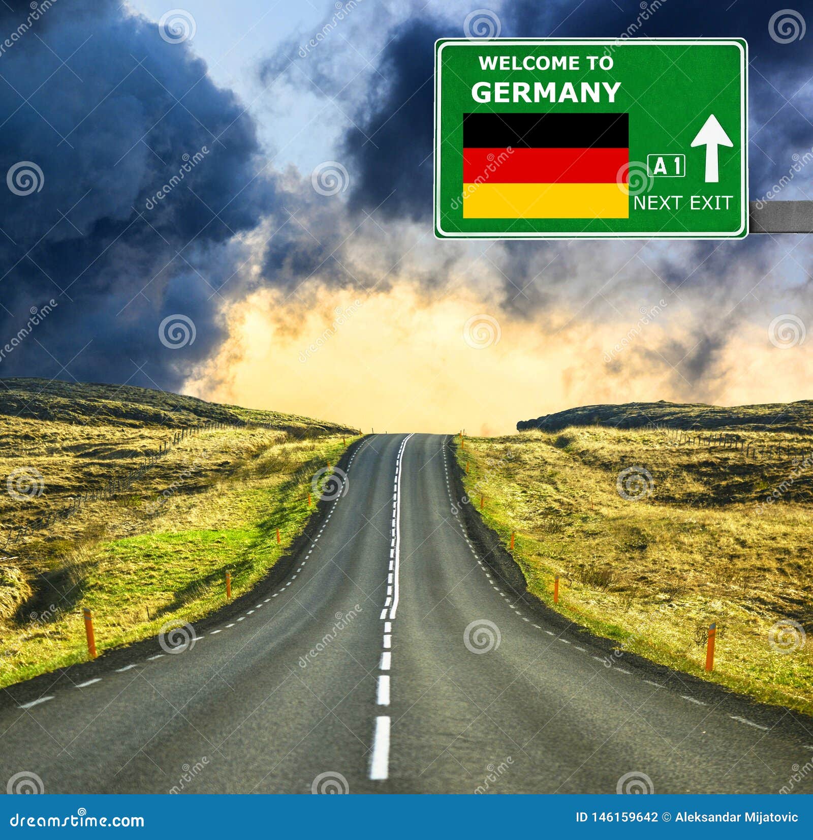 Germany Road Sign Against Clear Blue Sky Stock Photo - Image of guide ...