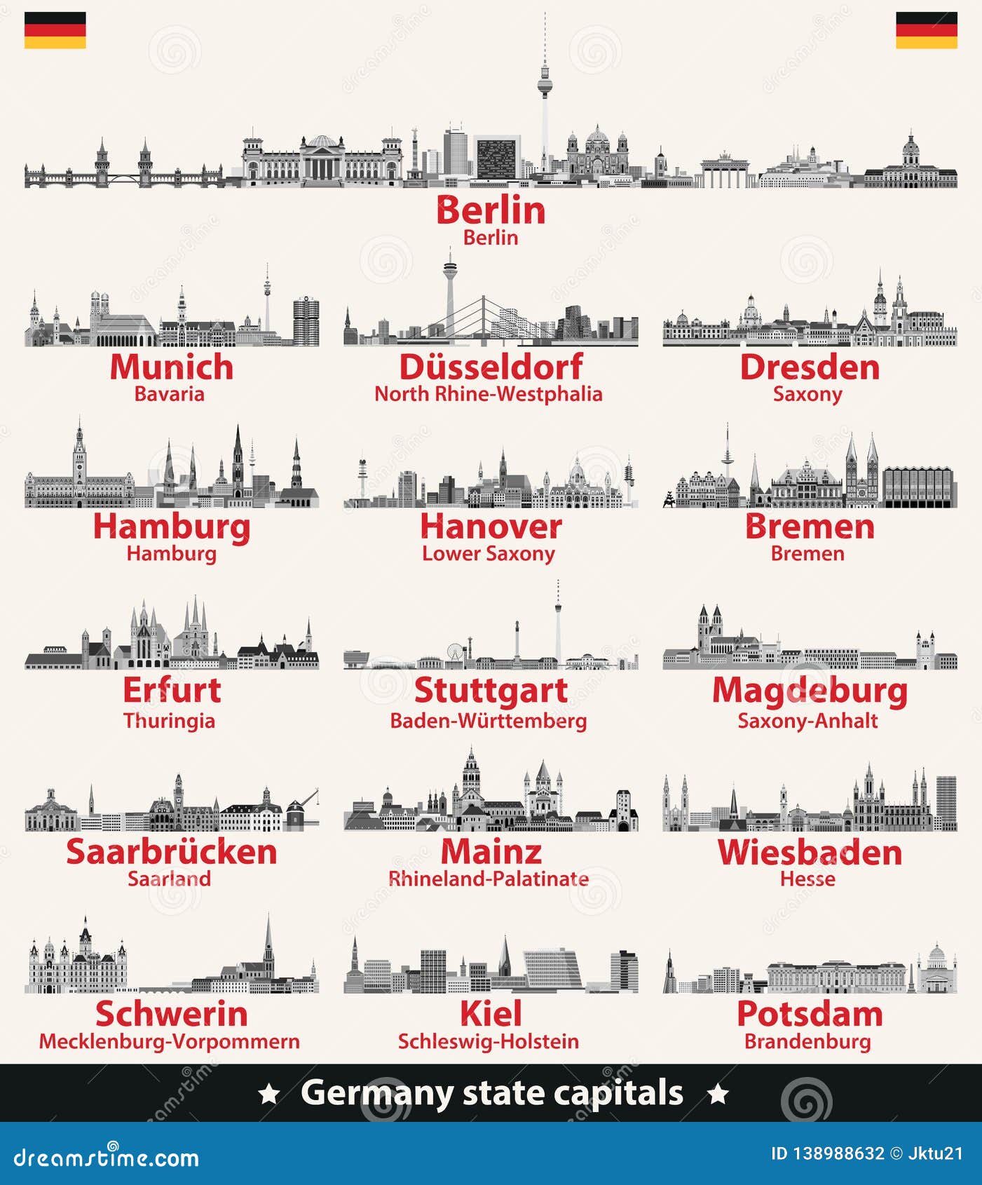 Germany State Capitals Black and White Vector Detailed Skylines. Stock ...