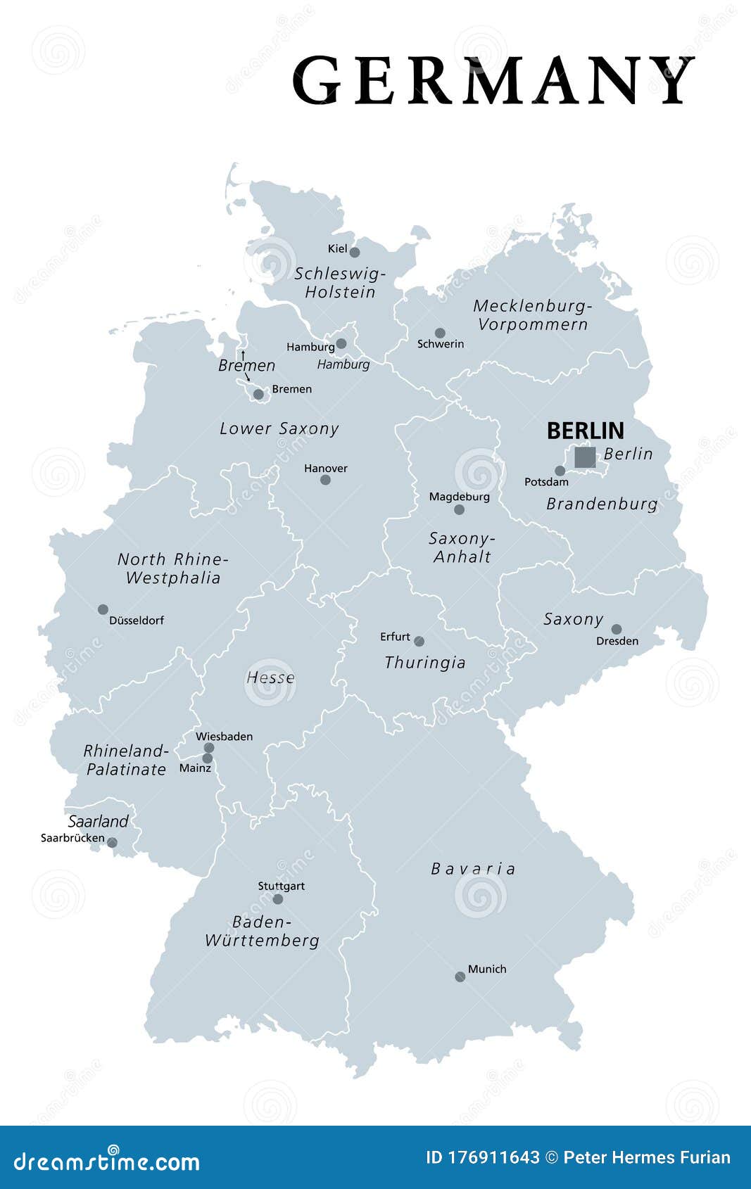 Germany, Gray Political Map, States of the Federal Republic of Germany ...