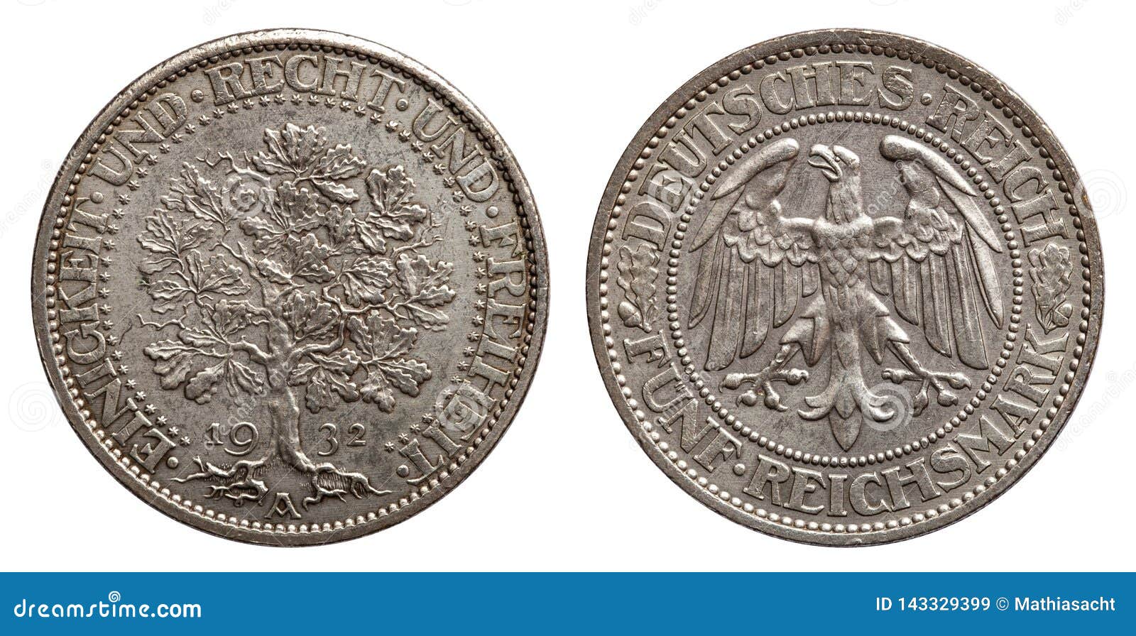 Germany Weimar 5 Mark Silver Coin Oak 1932 Stock Image - Image of ...