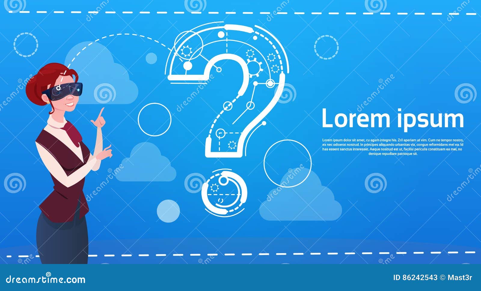 Geschäftsfrau-Abnutzungs-Digital-Wirklichkeits-Glas-Frage Mark Ponder ...