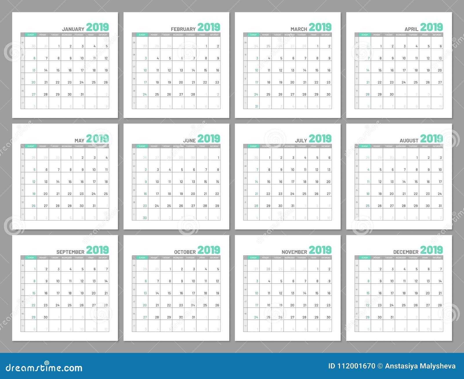 Gesetzte Identische Helle Kalender, 2019, Monate, Flach Vektor ...