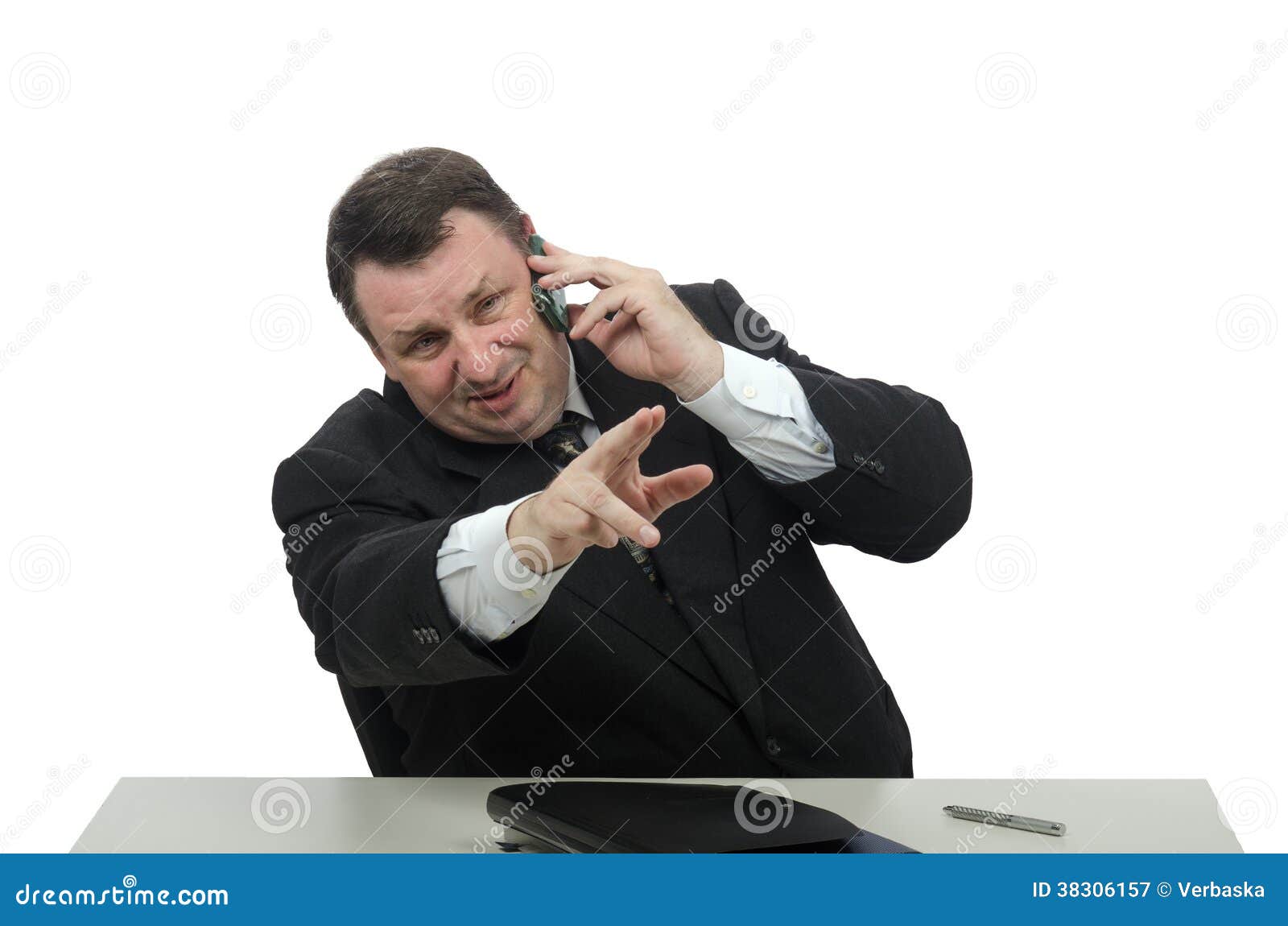 Gesticulating Clerk Hangs on the Cellphone Stock Image - Image of ...