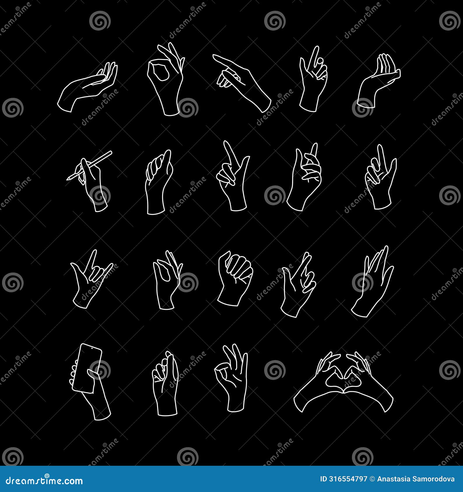 Gesture Hands Sign White Thin Line Icon Set On A Black. Vector ...