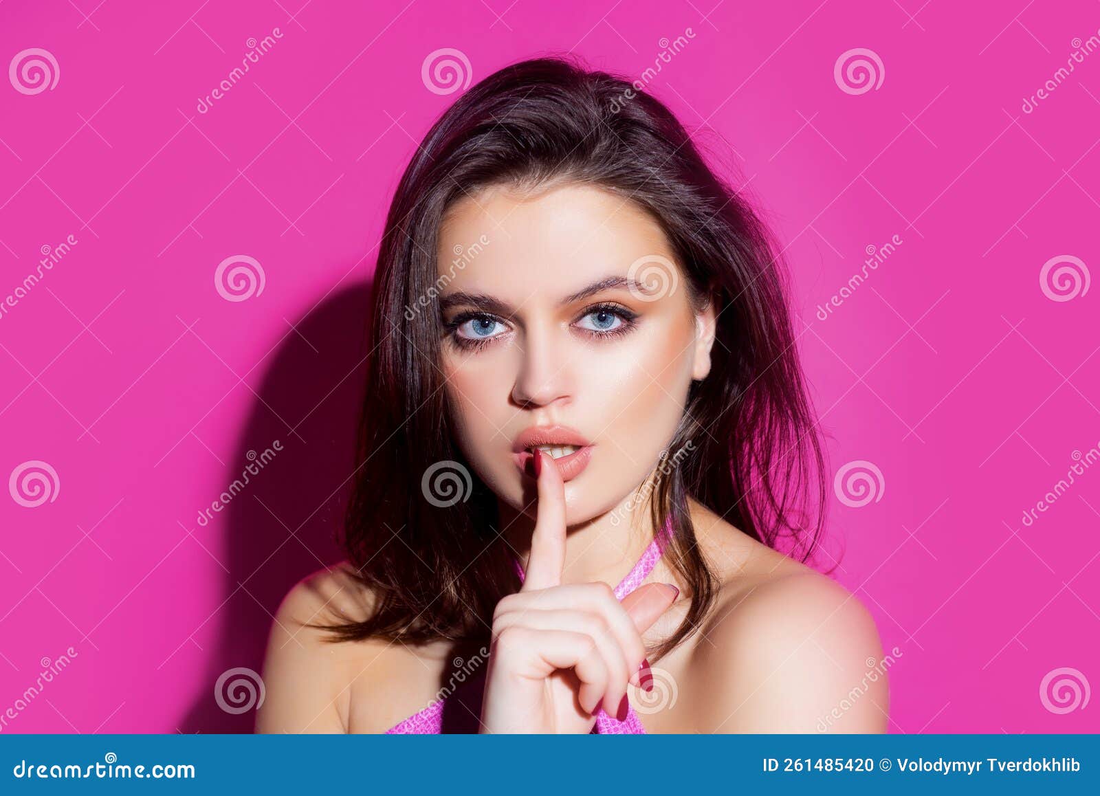 Gesture Of Shh Sensual Portrait Of Young Woman With Finger On Lips