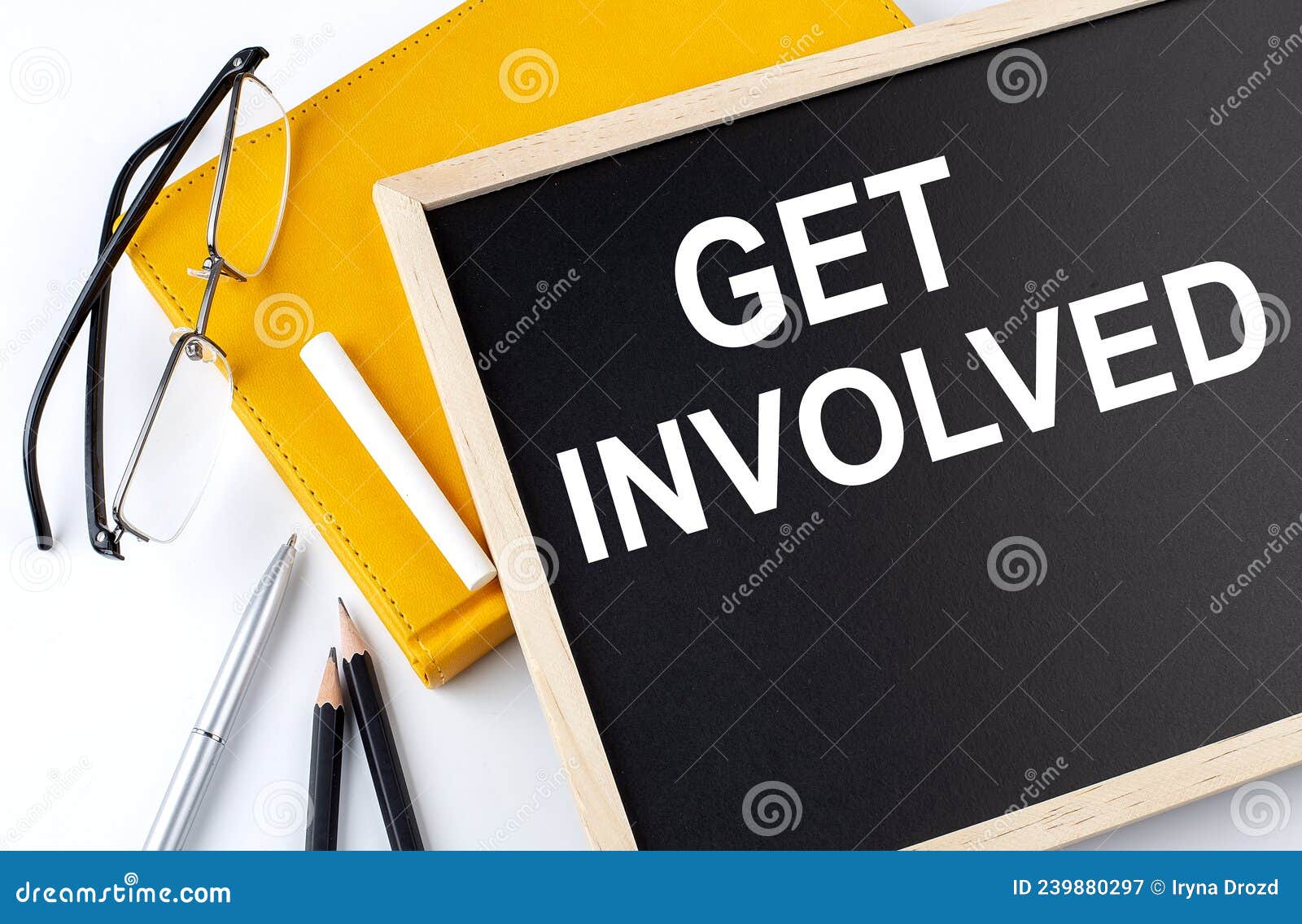GET INVOLVED Text on the Blackboard with Notepad , Pen, Pencil Stock ...