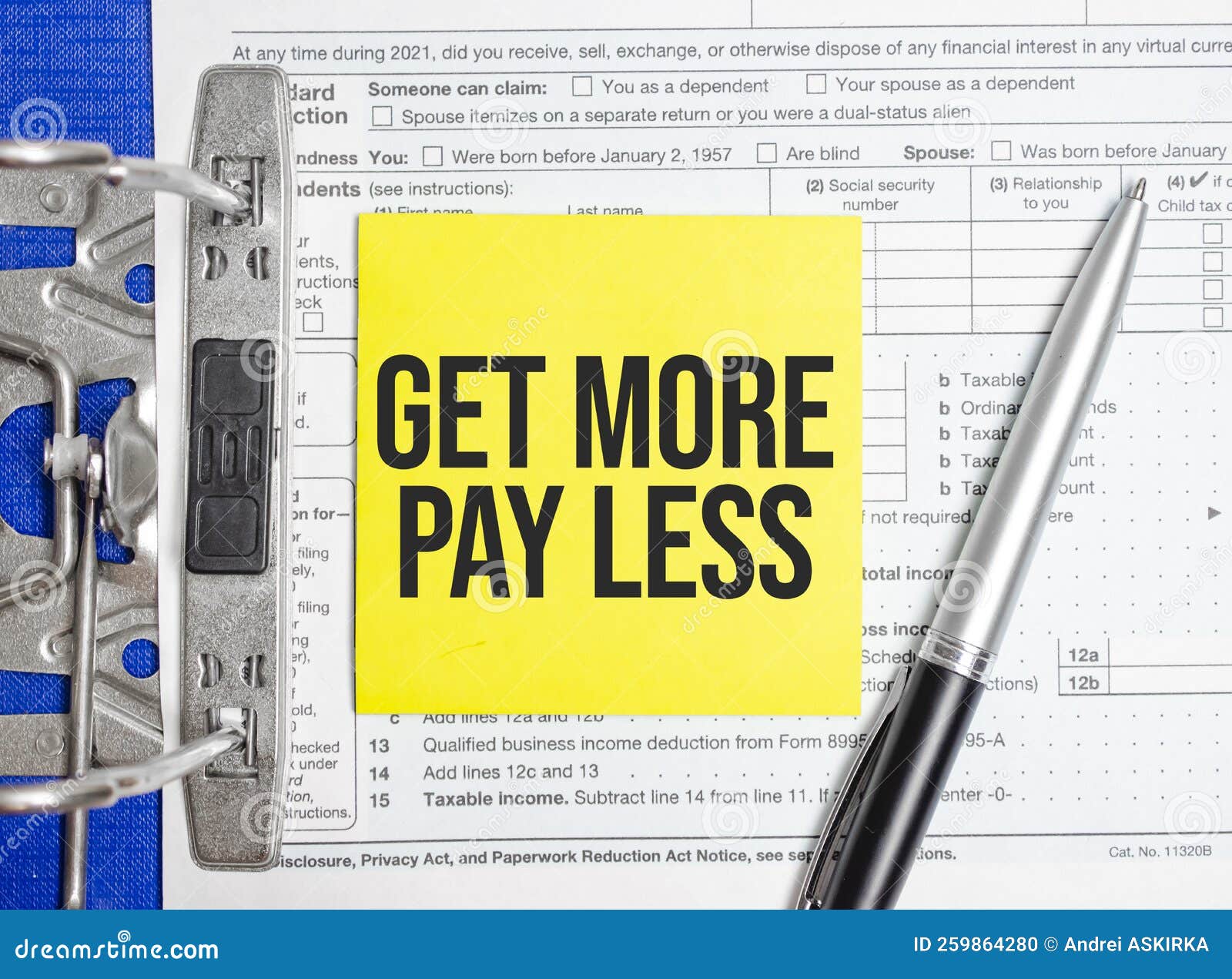 Get More Pay less Words with Tax Forms on Blue File Folder Stock Photo ...