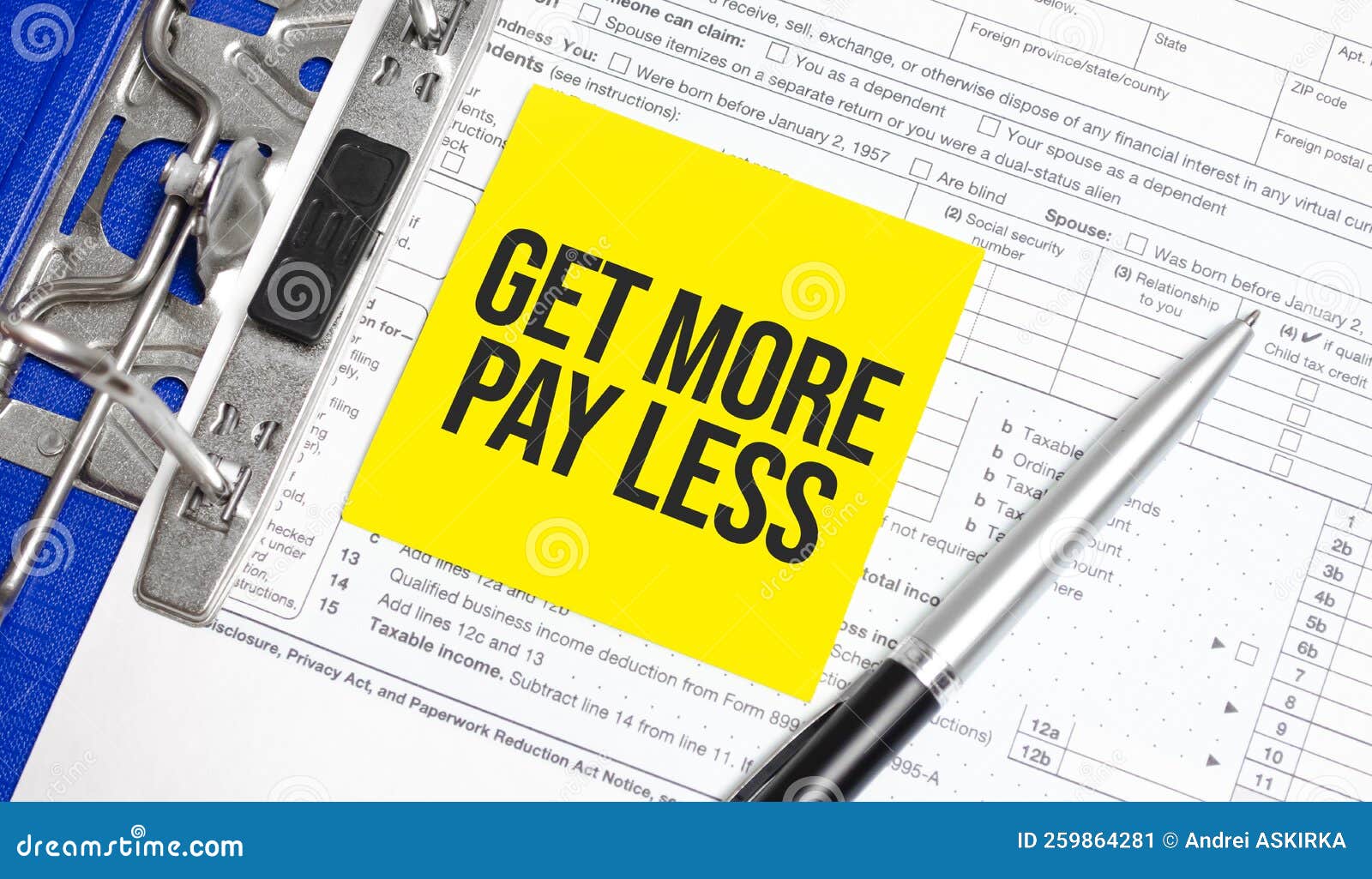 Get More Pay less Words with Tax Forms on Blue File Folder Stock Image ...