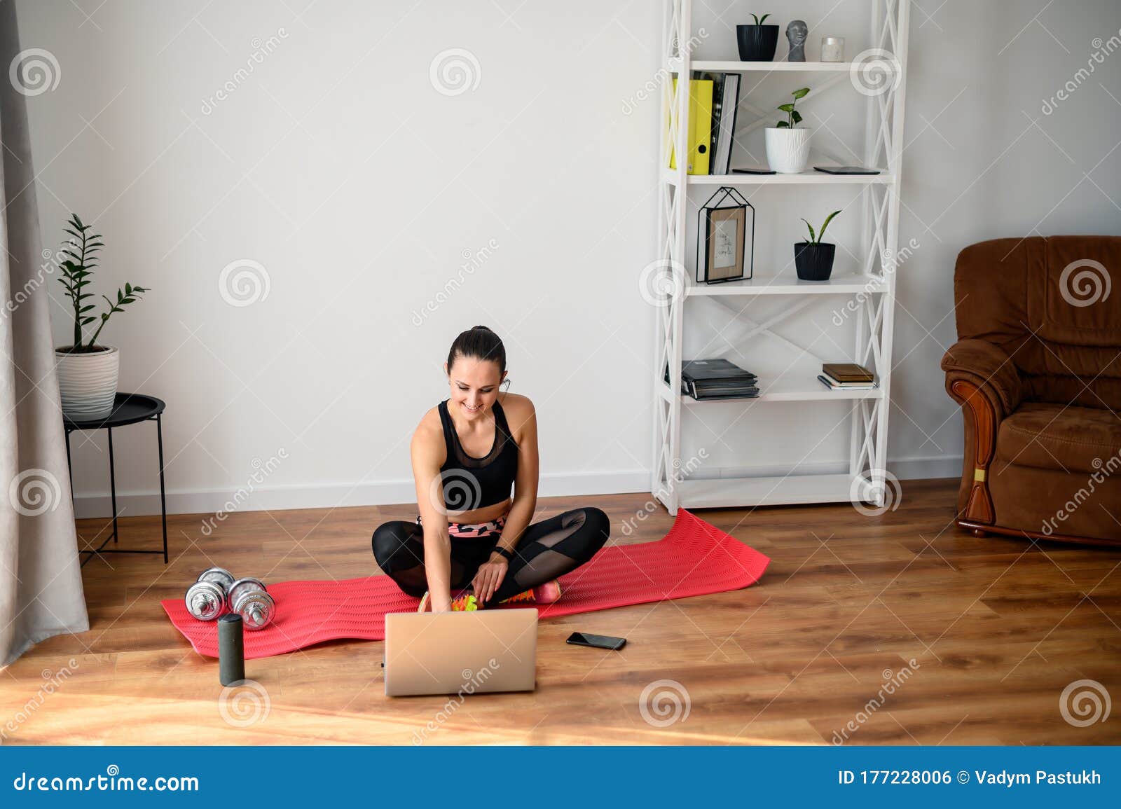 Woman Doing Fitness at Home with Video Tutorial Stock Photo - Image of ...