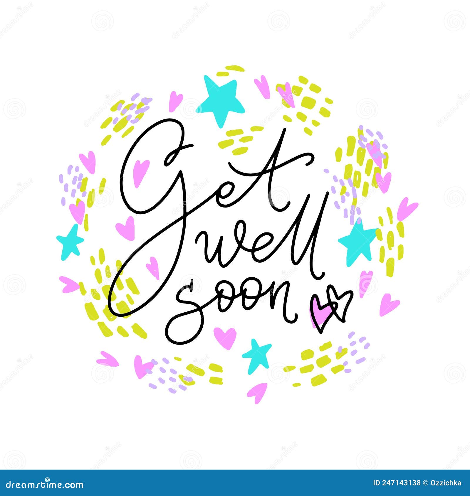 Get Well Soon Hand Written Thin Script with Hand Drawn Elements Around ...