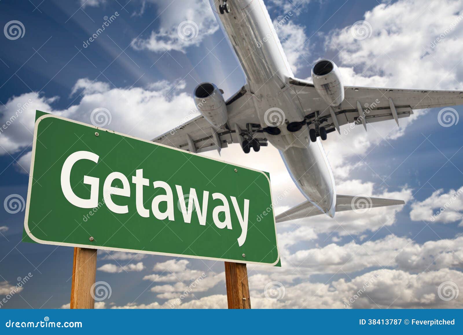 Getaway Green Road Sign and Airplane Above Stock Image - Image of sign ...