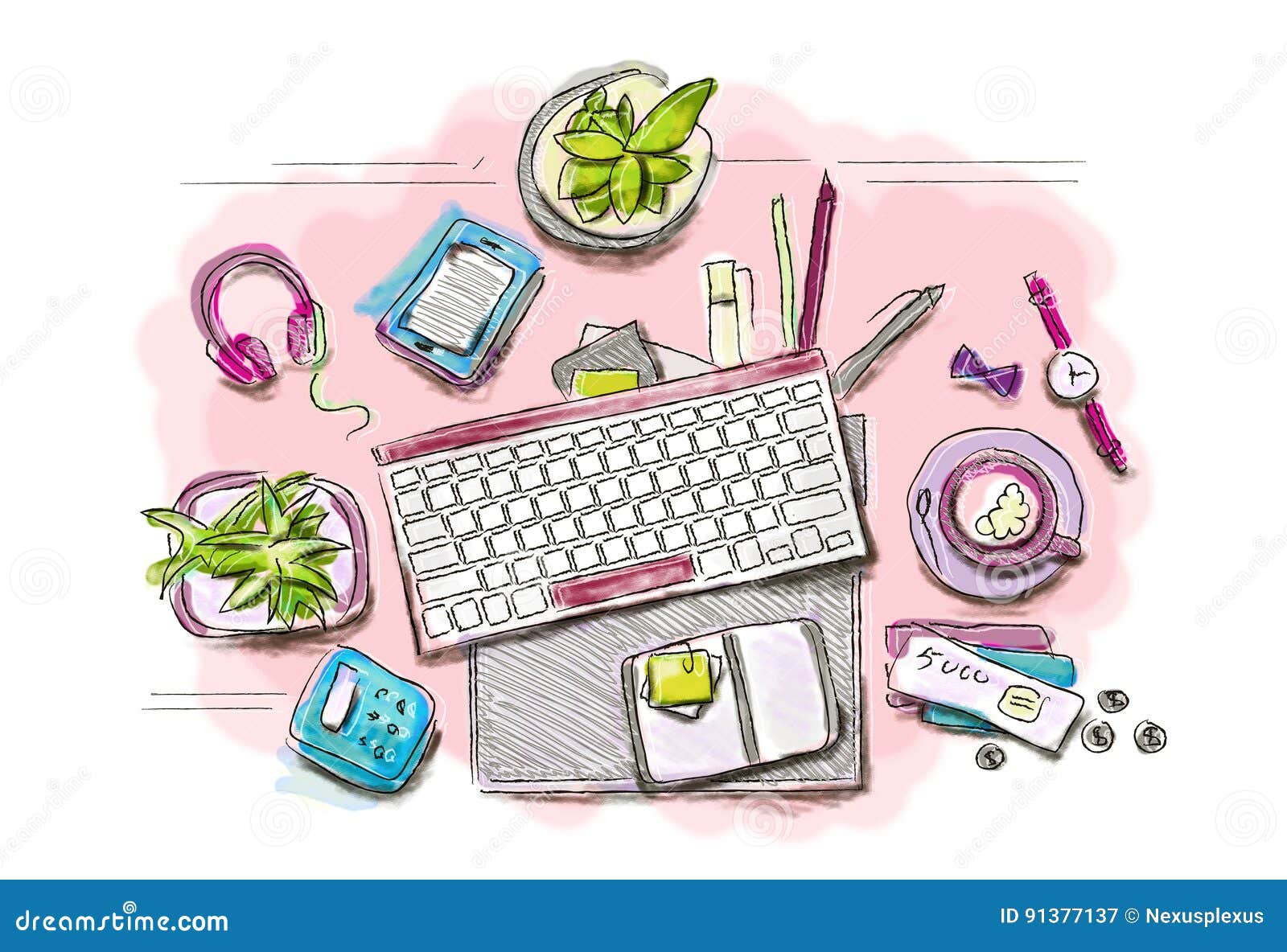 Getrokken Beeld Van Het Werklijst Met Voorwerpen Stock Illustratie ...