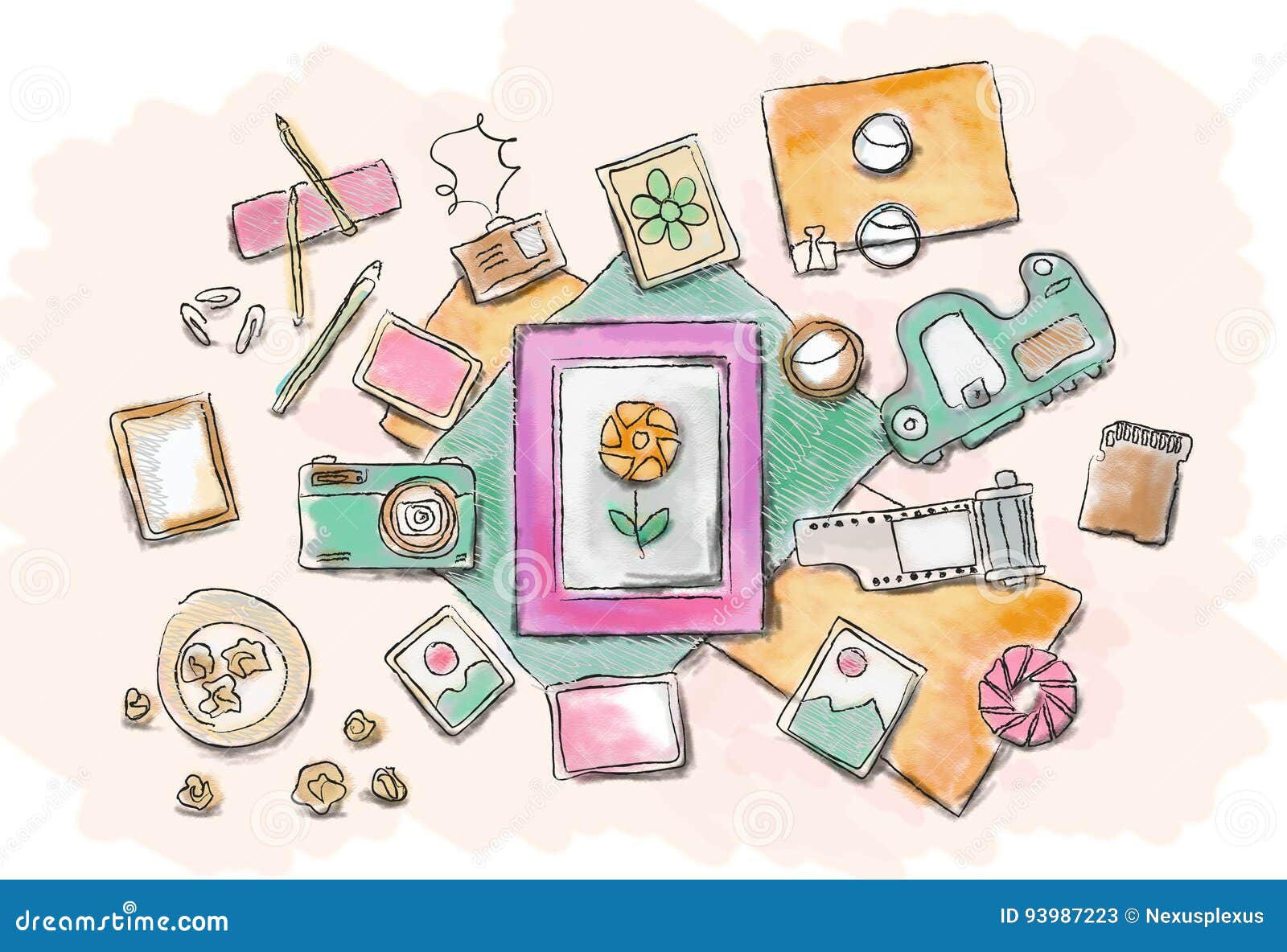 Getrokken Beeld Van Het Werklijst Met Voorwerpen Stock Illustratie ...