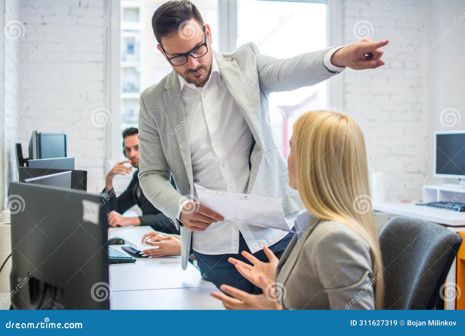 Getting Fired. Angry Boss Pointing Female Employee on Exit Way Stock ...