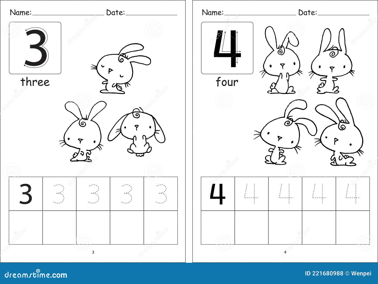 Vector Cartoon Rabbits Kids Activity Learning To Write Number Book ...