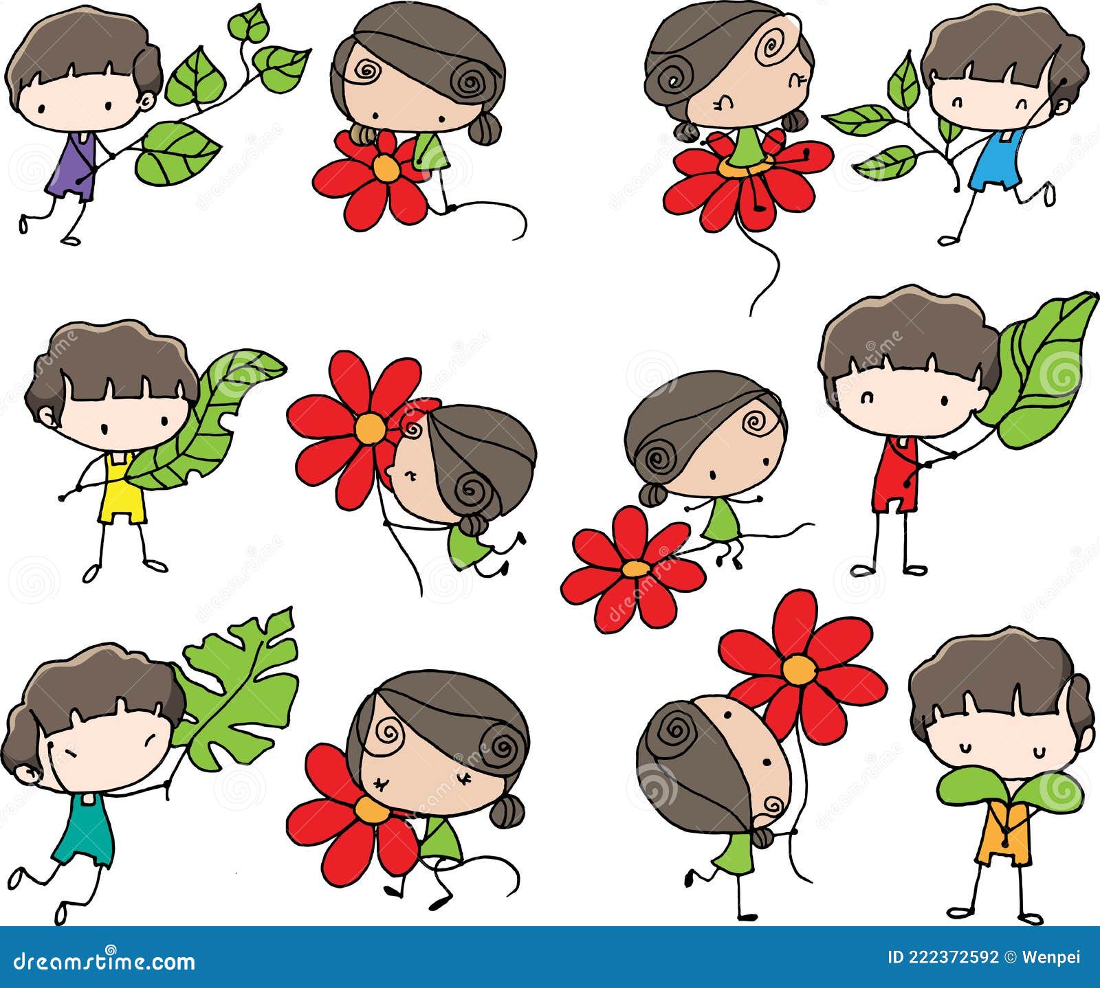 Vector Cartoon Boy and Girl Holding Flowers and Leaf Border Card Set ...