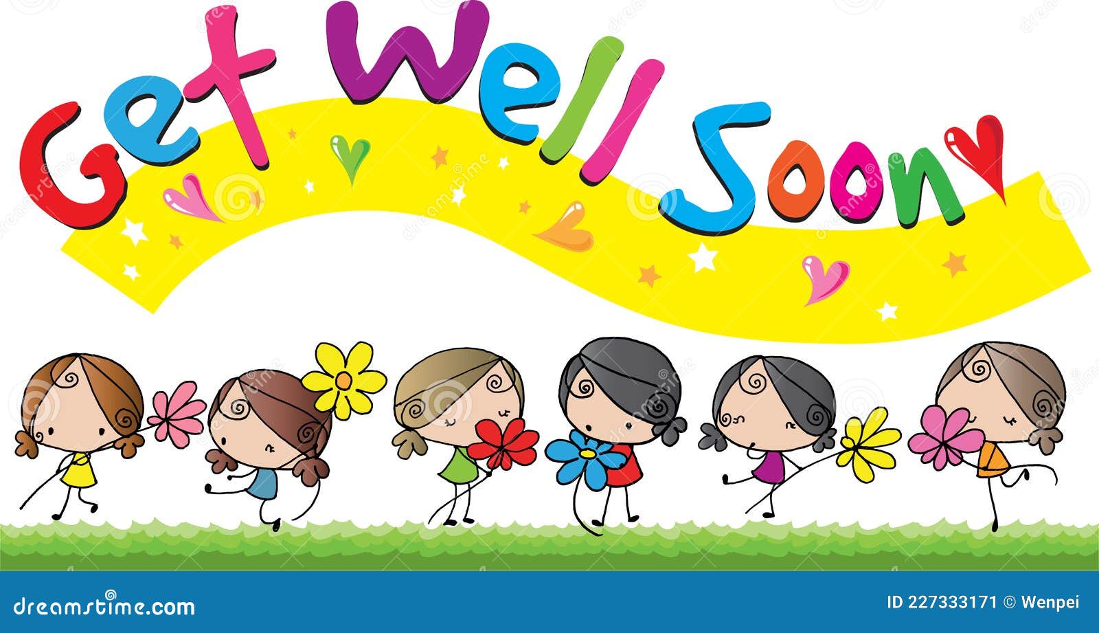 Get Well Soon Card Vector Cartoon Girls With Flowers | CartoonDealer ...