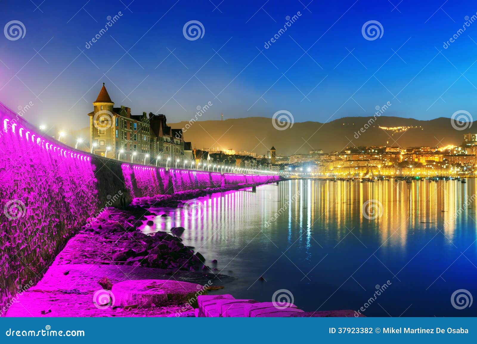Getxo Waterfront Illuminated at Night. Basque Country Stock Photo ...