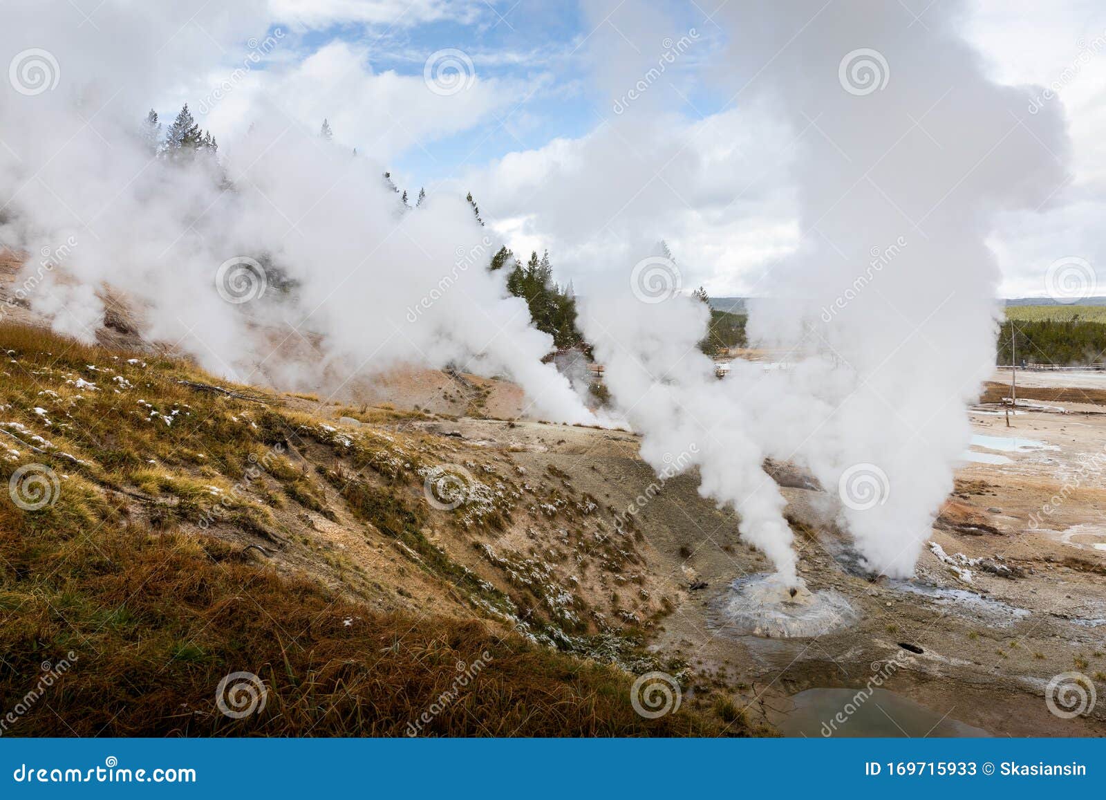 Geyser Basin at Yellowstone Exploding White Smoke Stock Image - Image ...