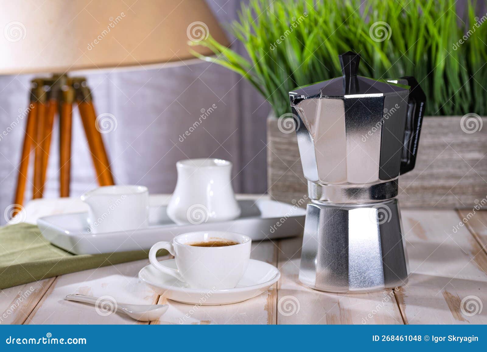 Geyser Coffee Maker and Freshly Brewed Coffee Stand on a White Kitchen ...