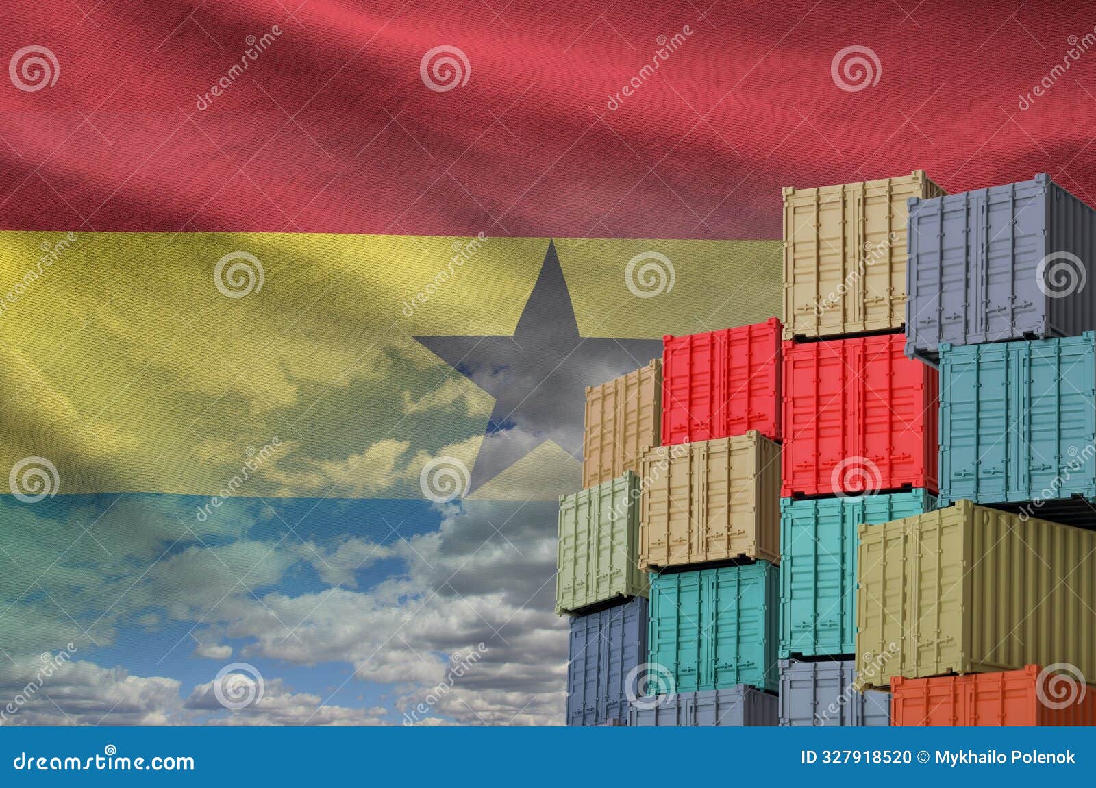 Ghana Flag and Big Stack of Shipping Cargo Containers in Docks with Sky ...