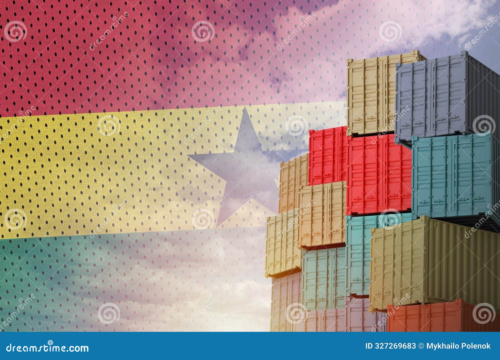 Ghana Flag and Big Stack of Shipping Cargo Containers in Docks with Sky ...