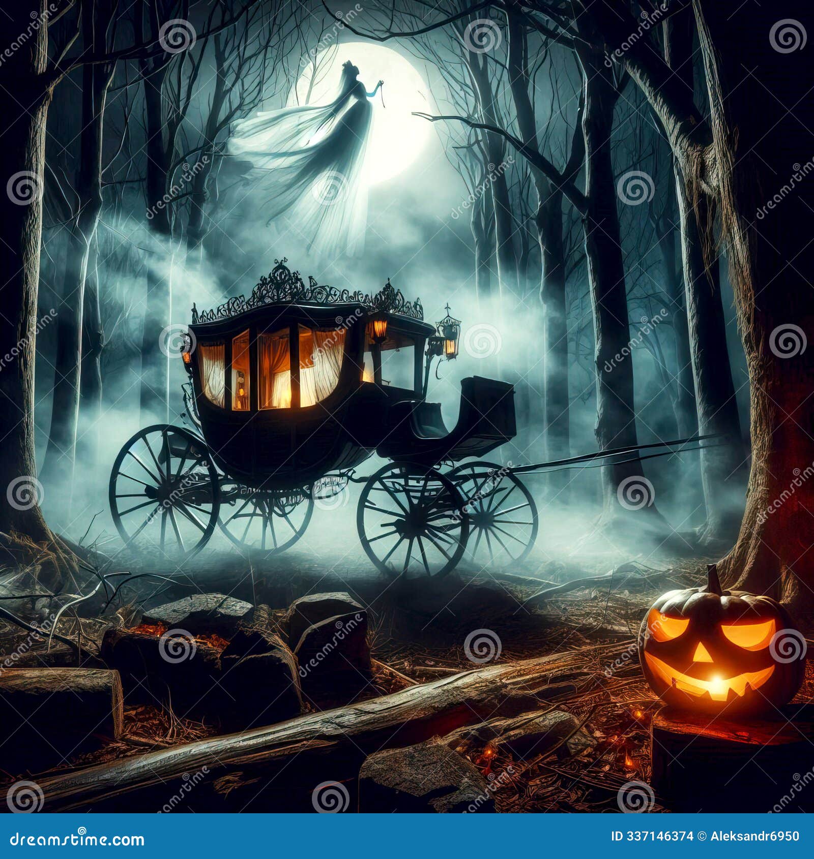 Ghost Carriage Against the Backdrop of an Enchanted Forest. Moonlight ...