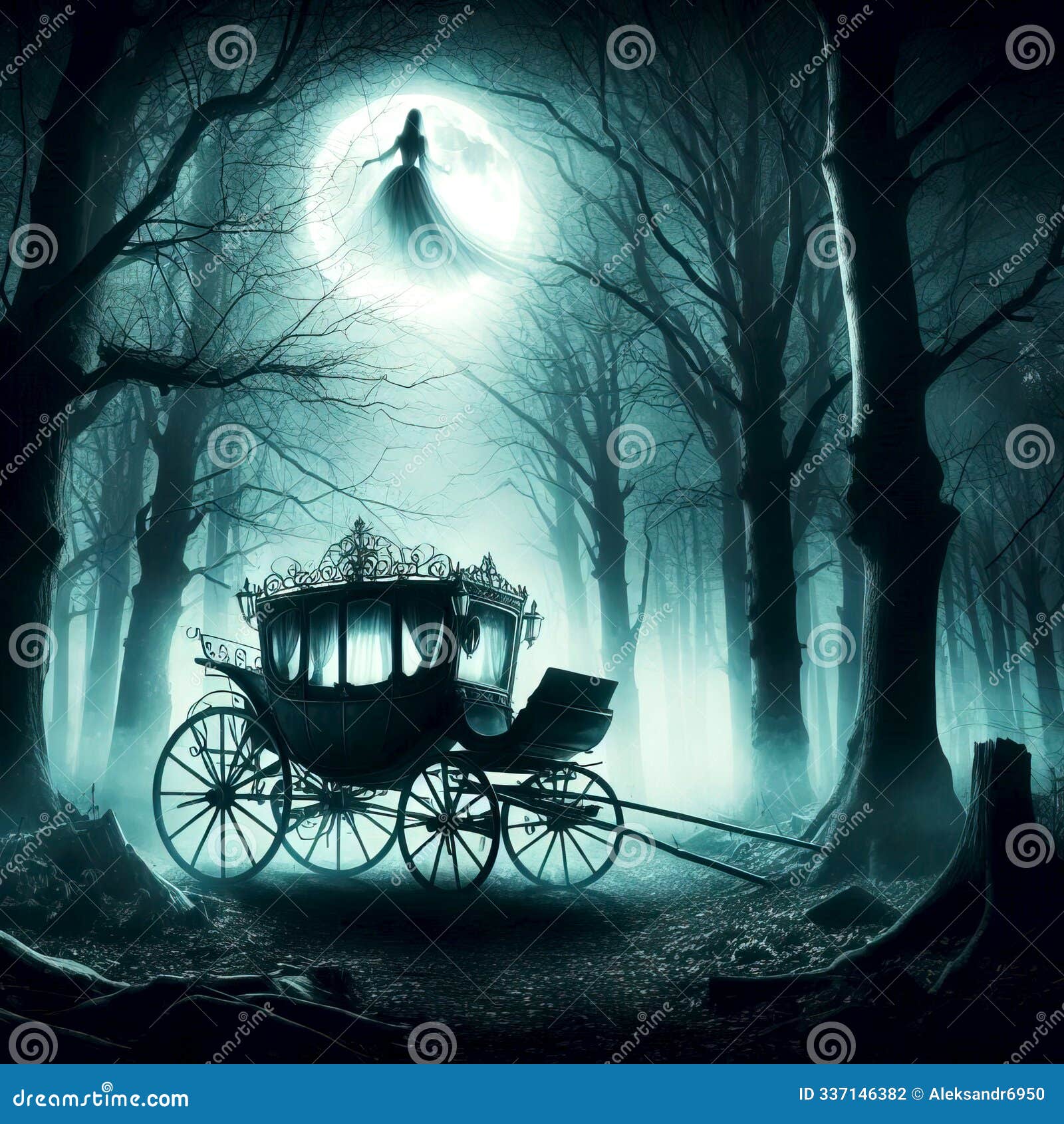 Ghost Carriage Against the Backdrop of an Enchanted Forest. Moonlight ...