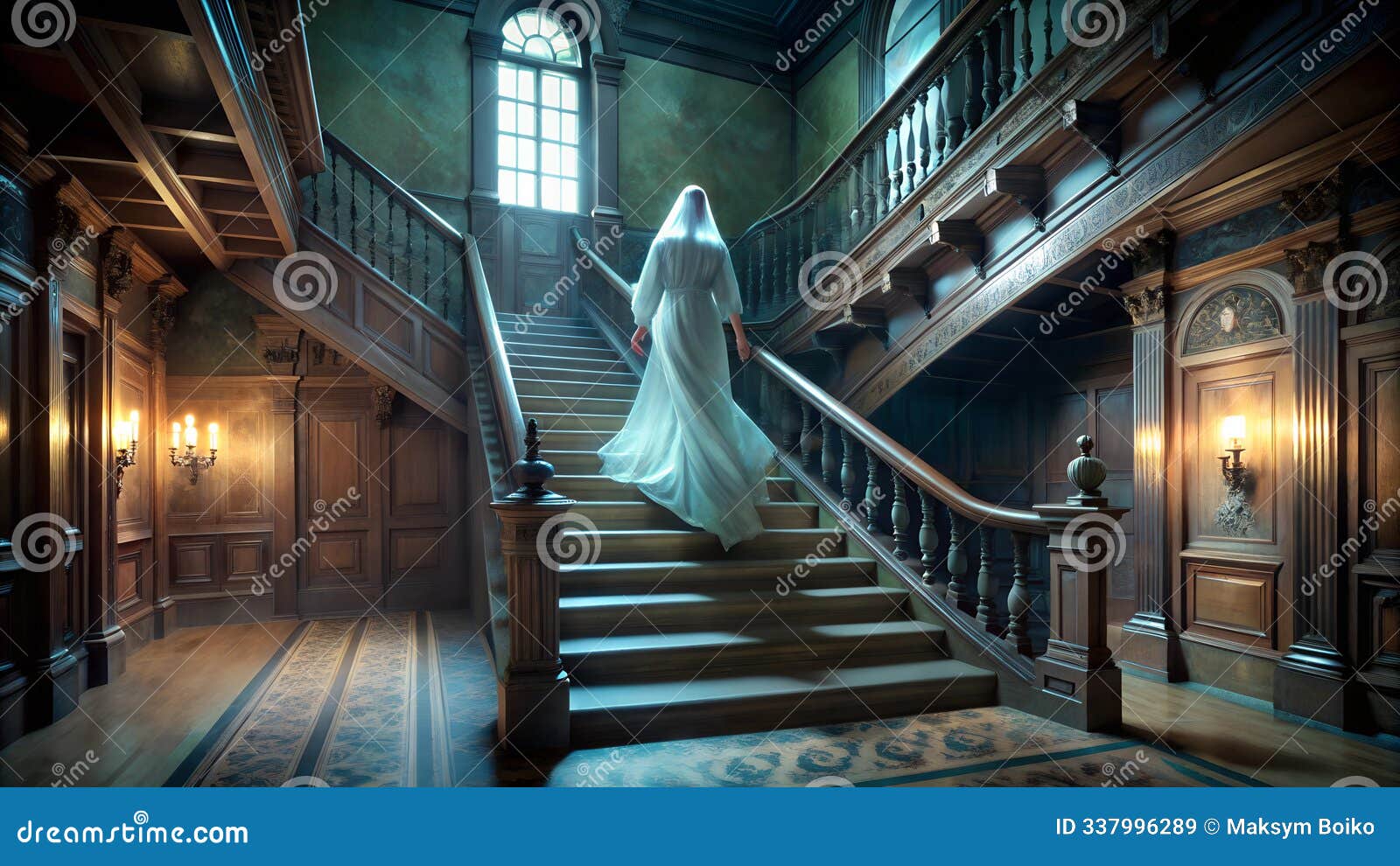 A Ghost Climbing the Stairs Inside of a Mansion. Created with Stock ...