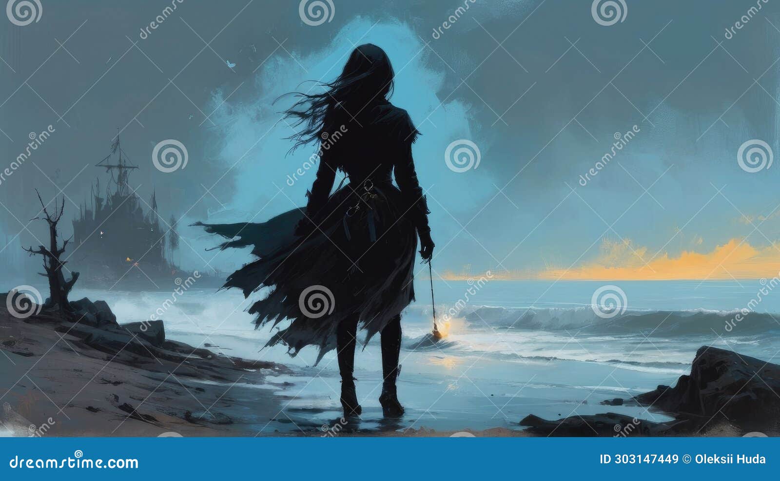 Ghost Cursed Phantom Lady on Dark Sea Background. Stock Illustration ...