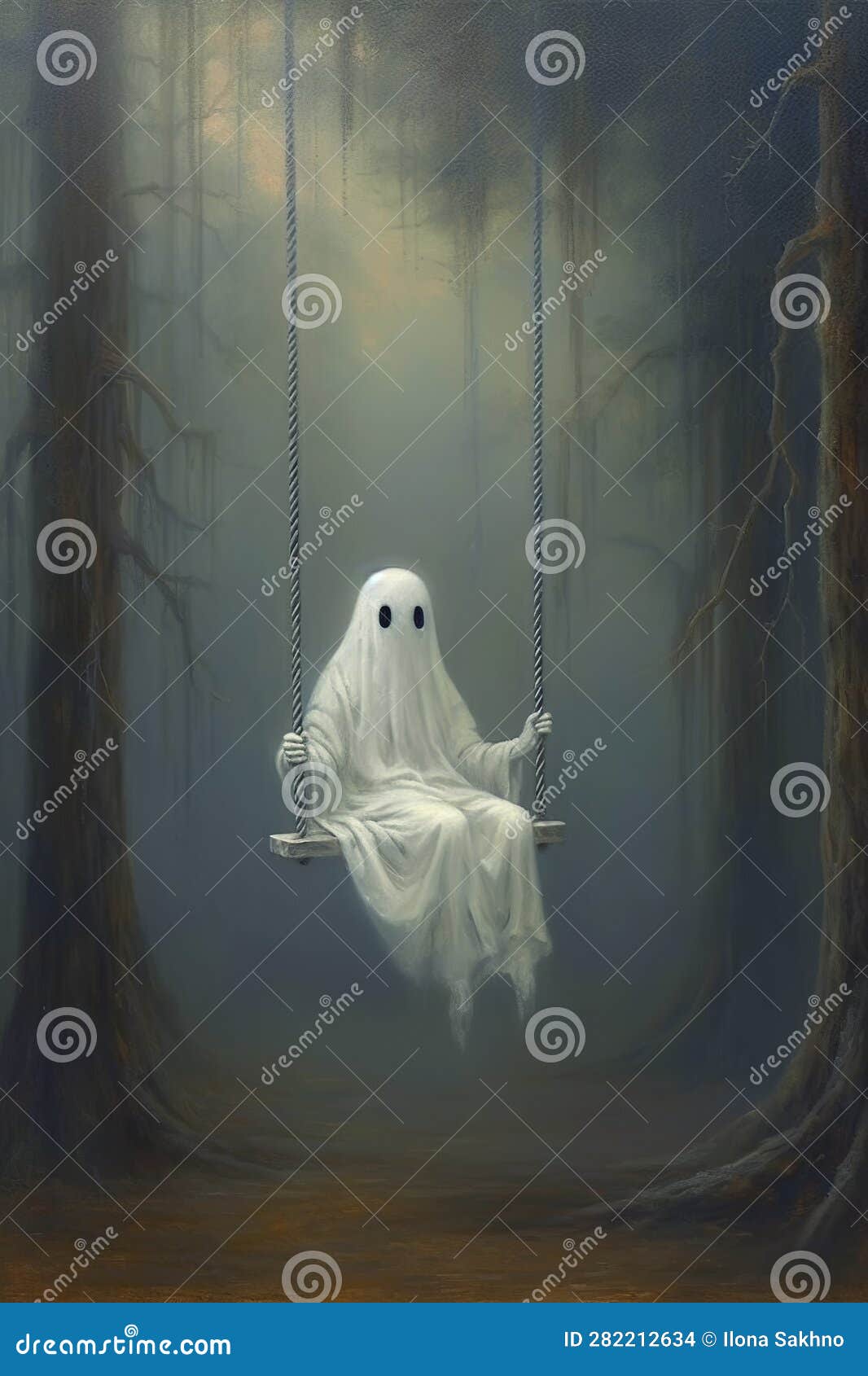 A Ghost in a Dark Forest Rides on a Swing Stock Illustration ...