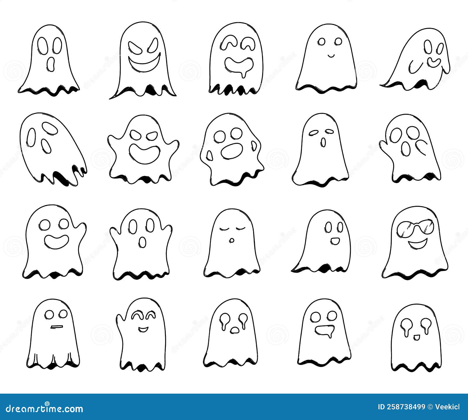 Ghost Doodle Vector Icon Set. Drawing Sketch Illustration Hand Drawn ...