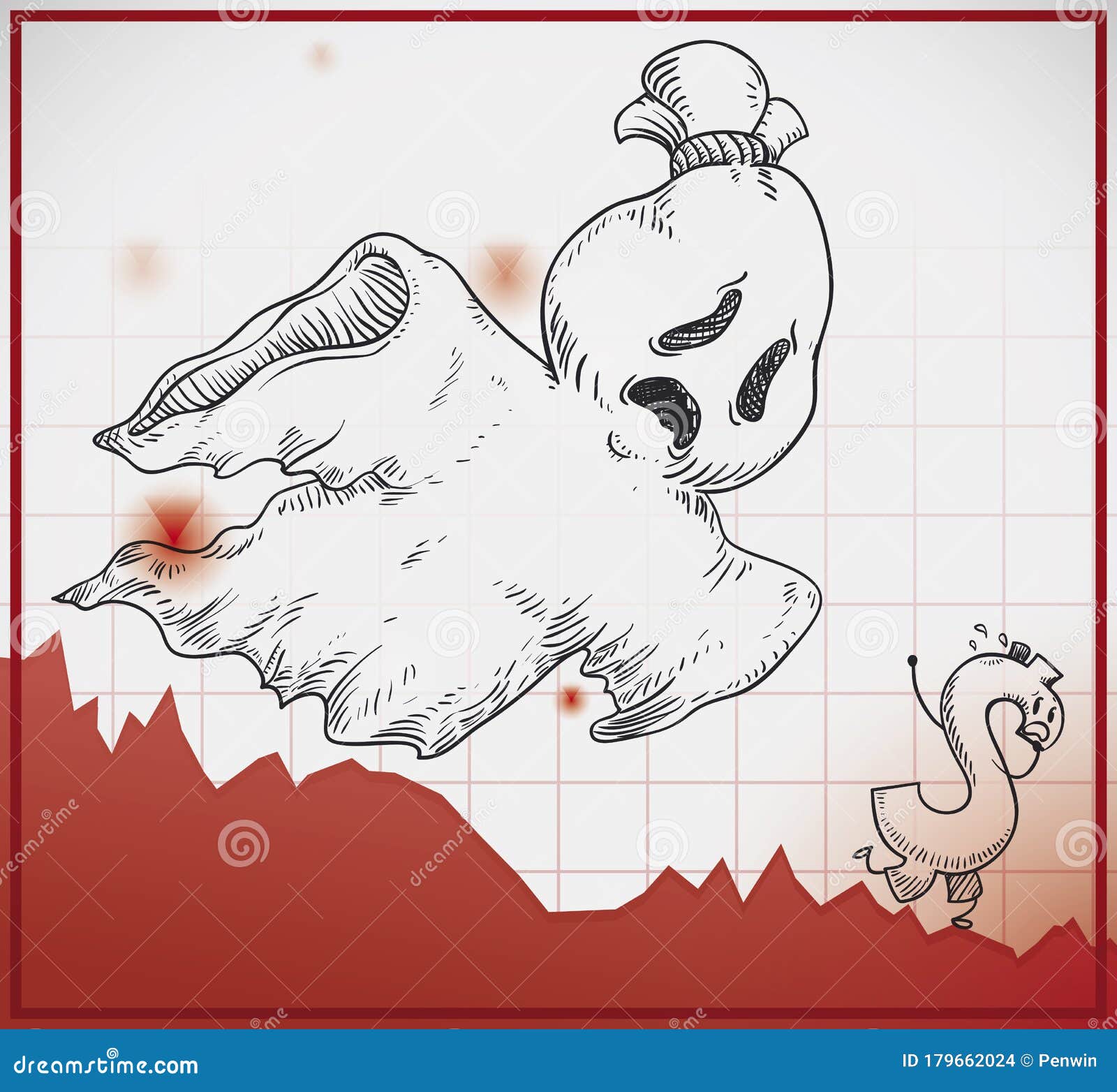 Ghost Draw Scaring Money Symbol Over a Decreasing Statistics Chart ...