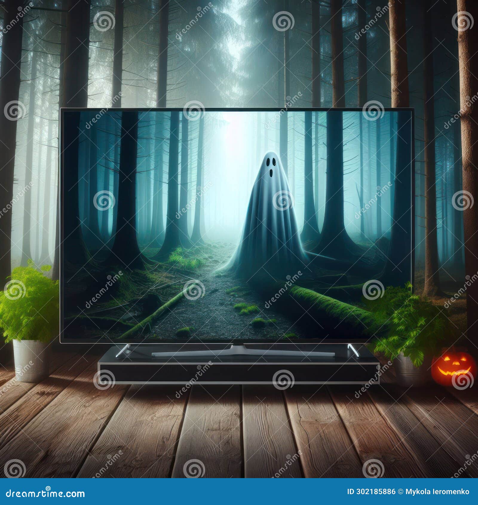 Ghost in a Foggy Forest on the TV Screen. Stock Illustration ...