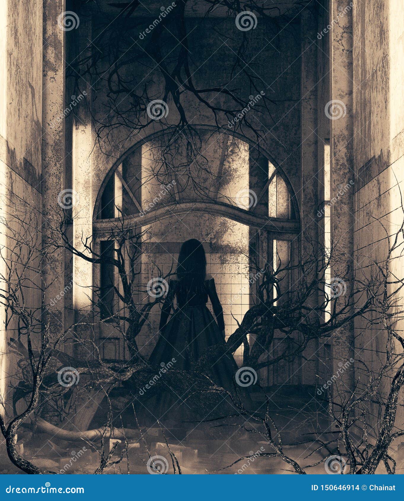 Ghost Girl In Doorway. A Terrible Ghost. Royalty-Free Stock Photography ...