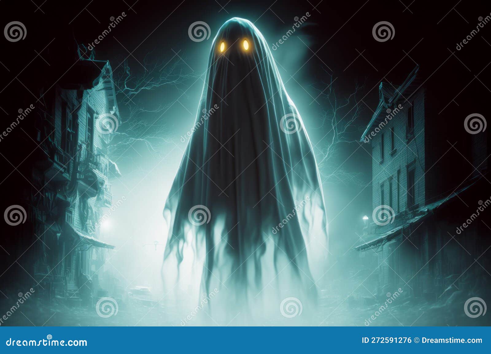 Ghost with Glowing Eyes Standing in Front of Building in the Dark ...