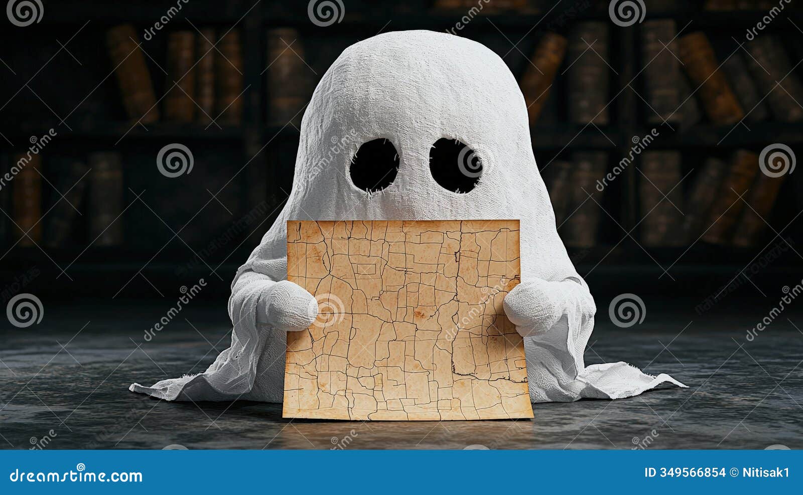 Ghost Holding a Map Spooky Ambiance Historic Library Background Stock ...