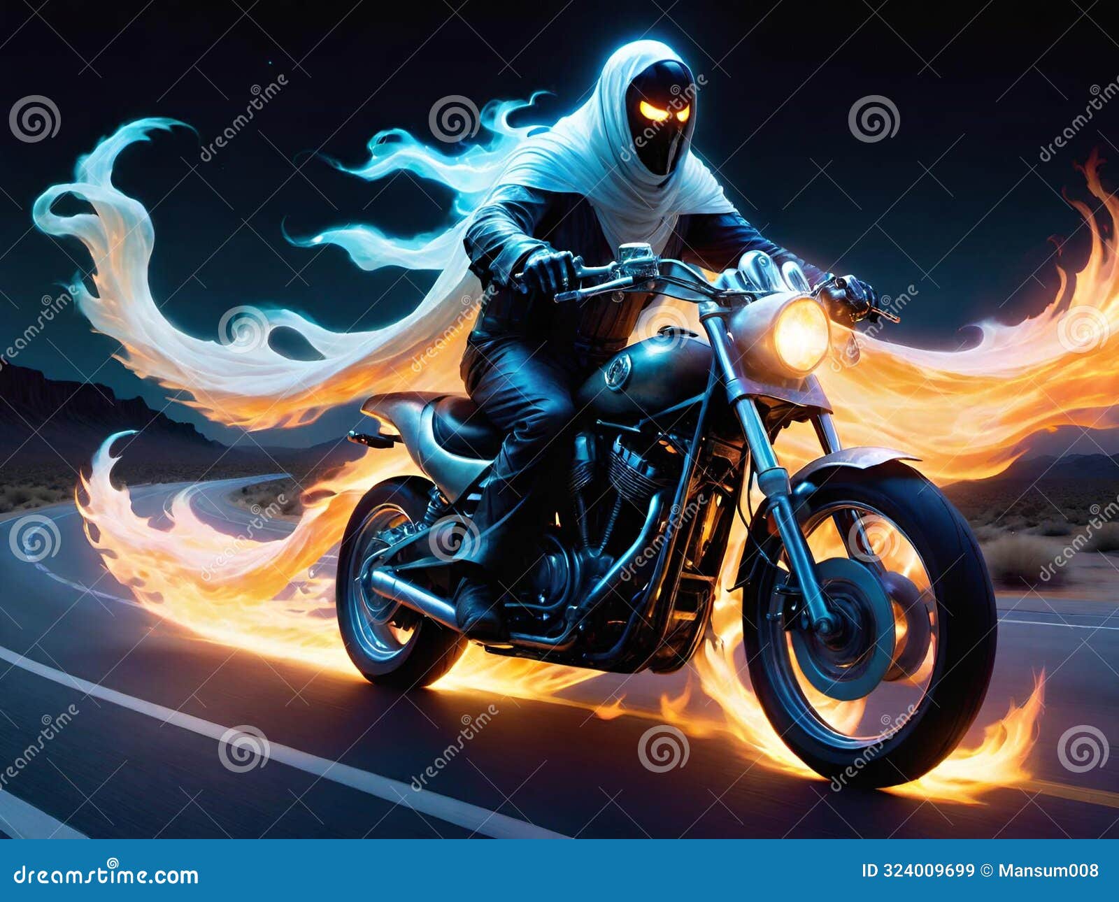 A Ghost Man in a Motorcycle with a Burning Fire Stock Illustration ...