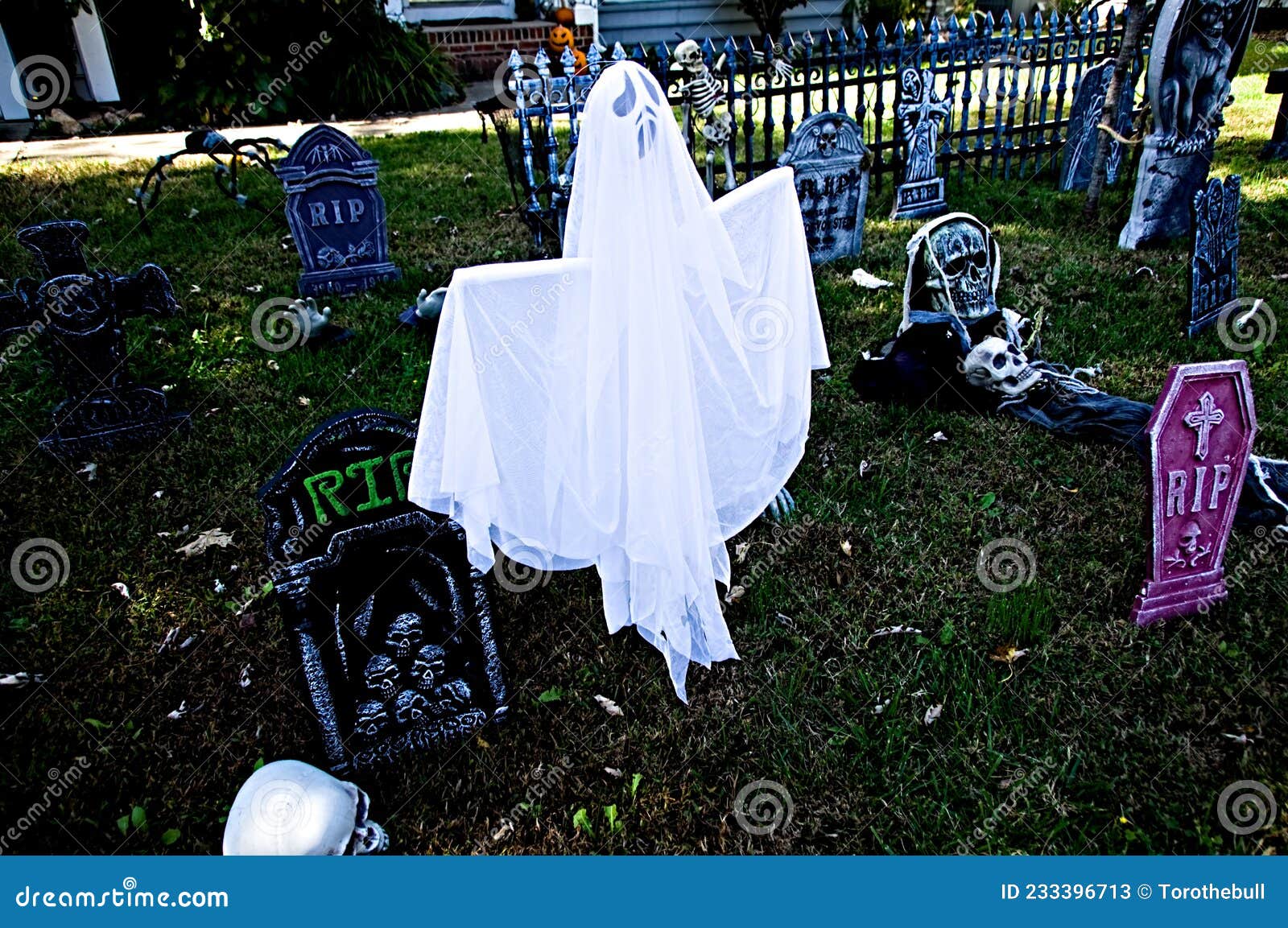 Ghost Outside in the Yard with Other Halloween Decorations Stock Image ...